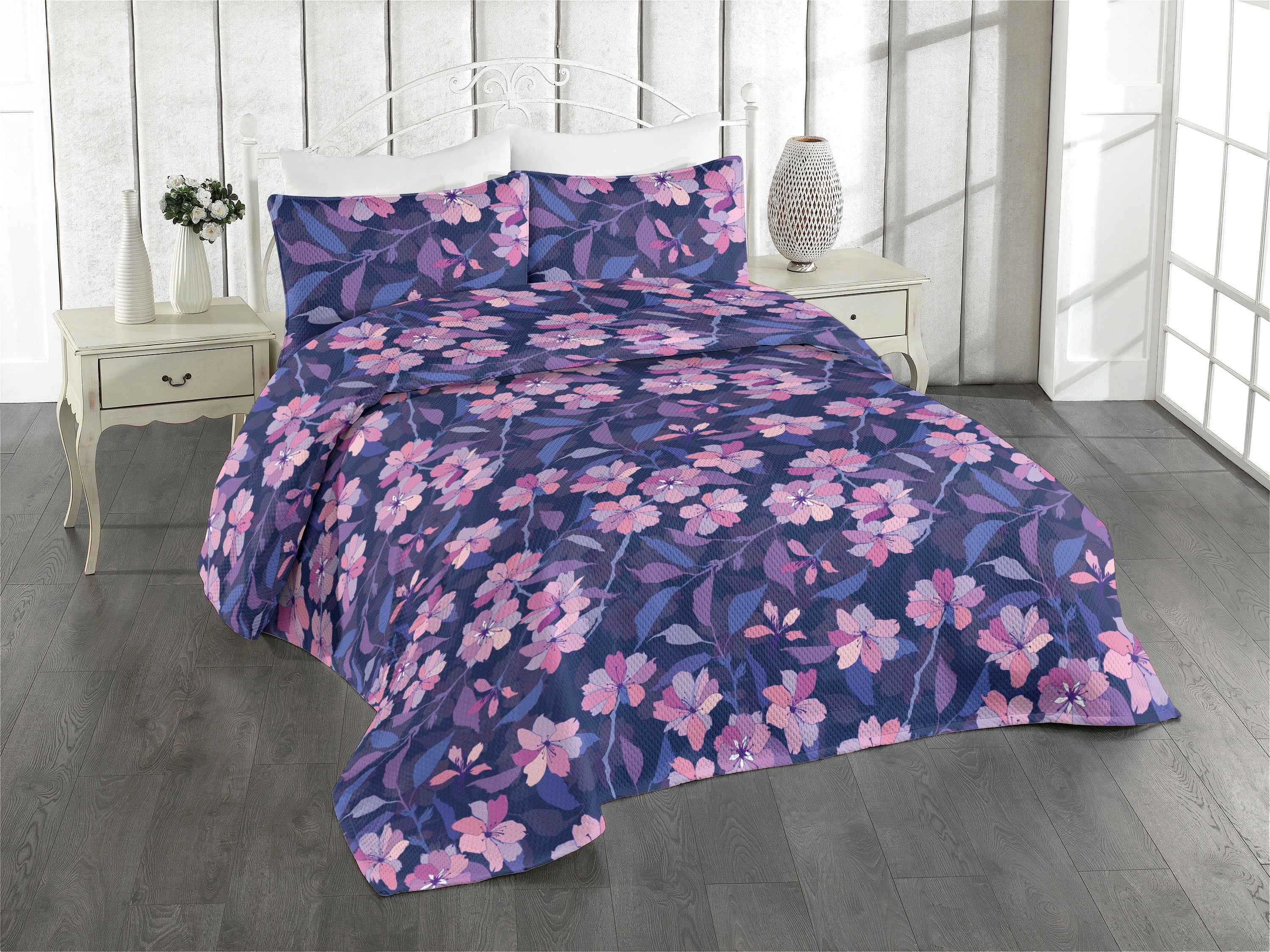 Ambesonne Fantasy Floral Quilted Bedspread Set 3 Pcs, Night Flowers ...