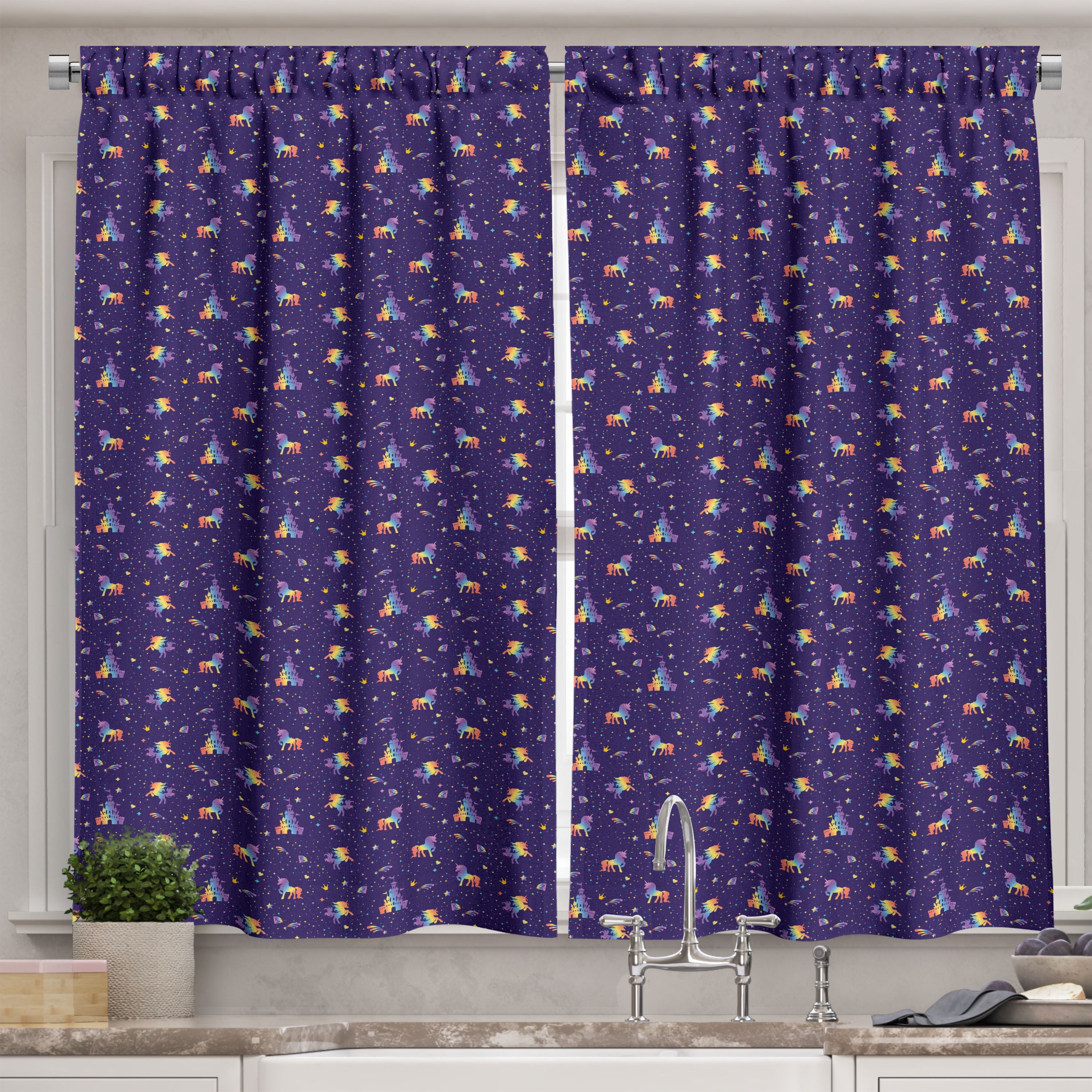 Ambesonne Fantasy Kitchen Curtains Castle Unicorn Heart Star 55x24 8951