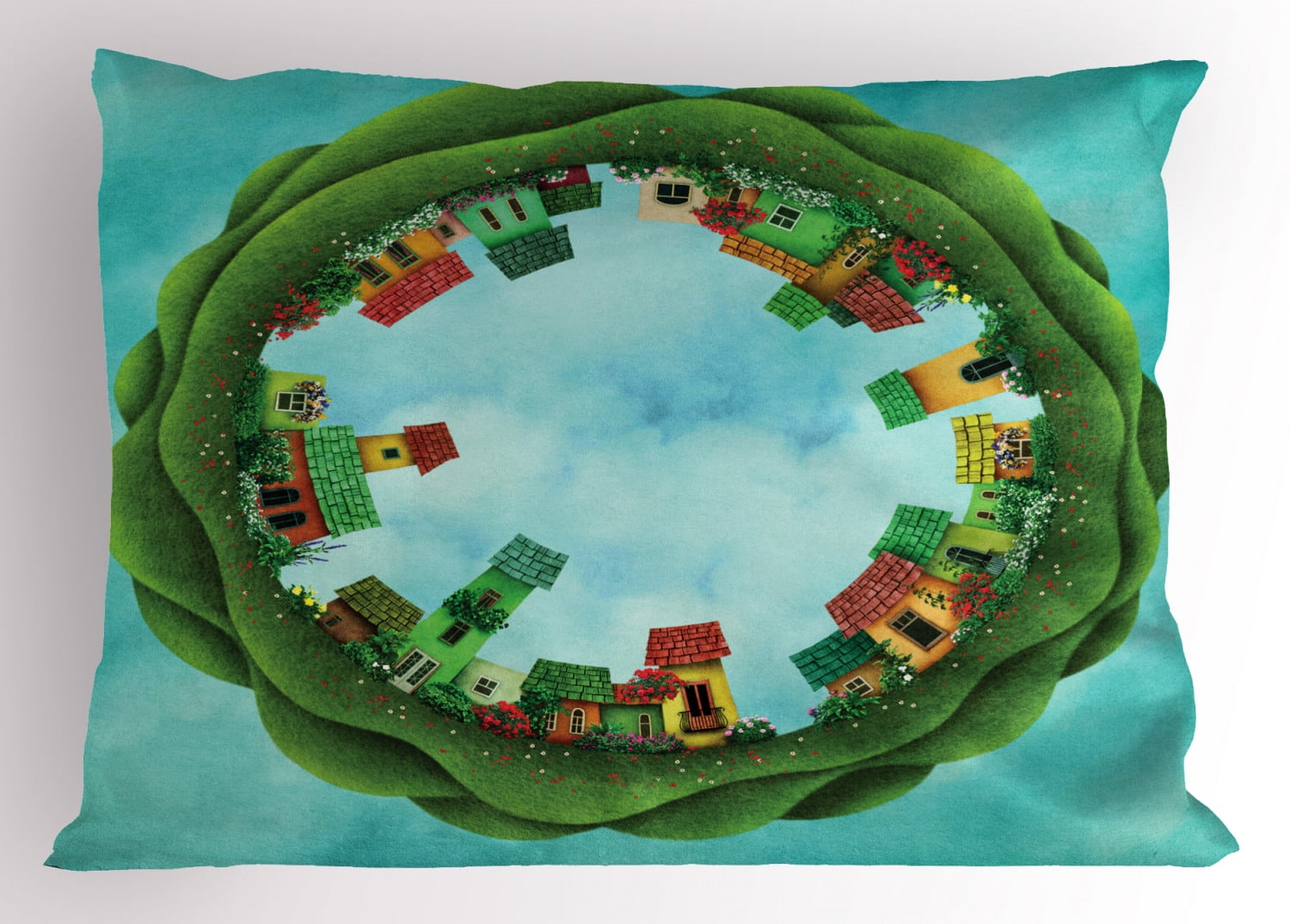 Ambesonne Fantasy Pillow Sham, Small Town Round Art, 26" X 20", Green ...