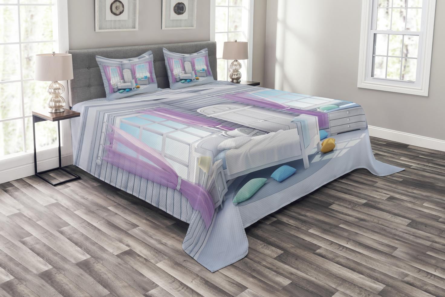 Ambesonne Fantasy Quilted Bedspread Set 3 Pcs, Dreamy Wooden Bedroom ...