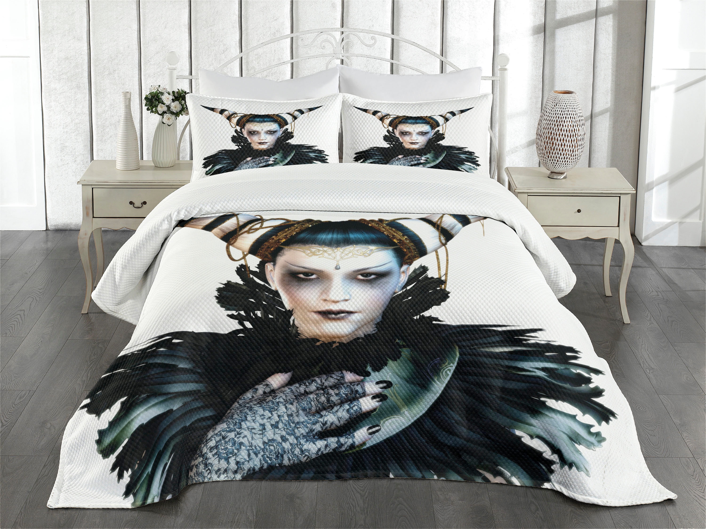 Ambesonne Fantasy Quilted Bedspread Set 3 Pcs, Gothic Lady Hair Horns ...