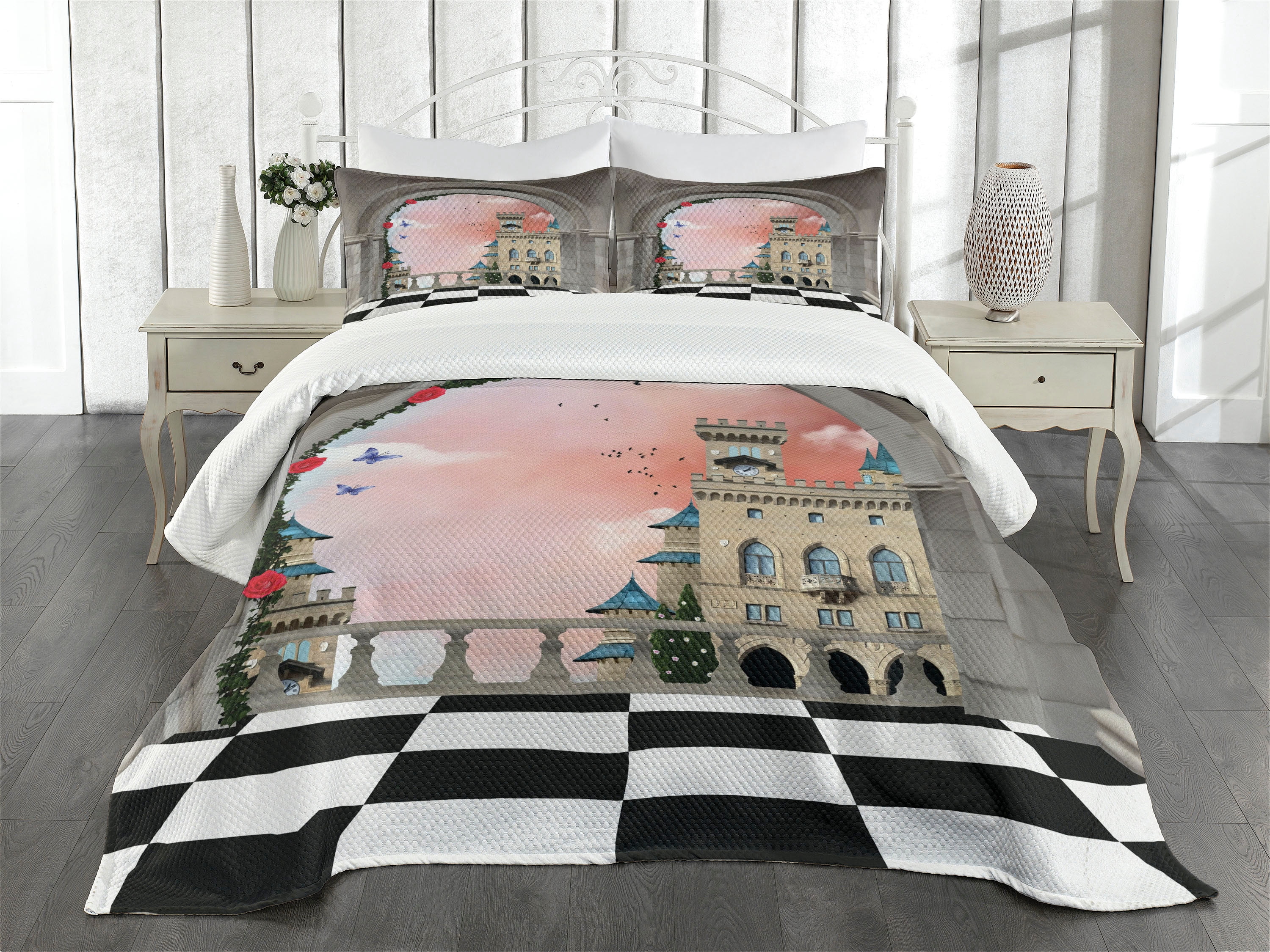 Ambesonne Fantasy Quilted Bedspread Set 3 Pcs, Medieval Castle Balcony ...