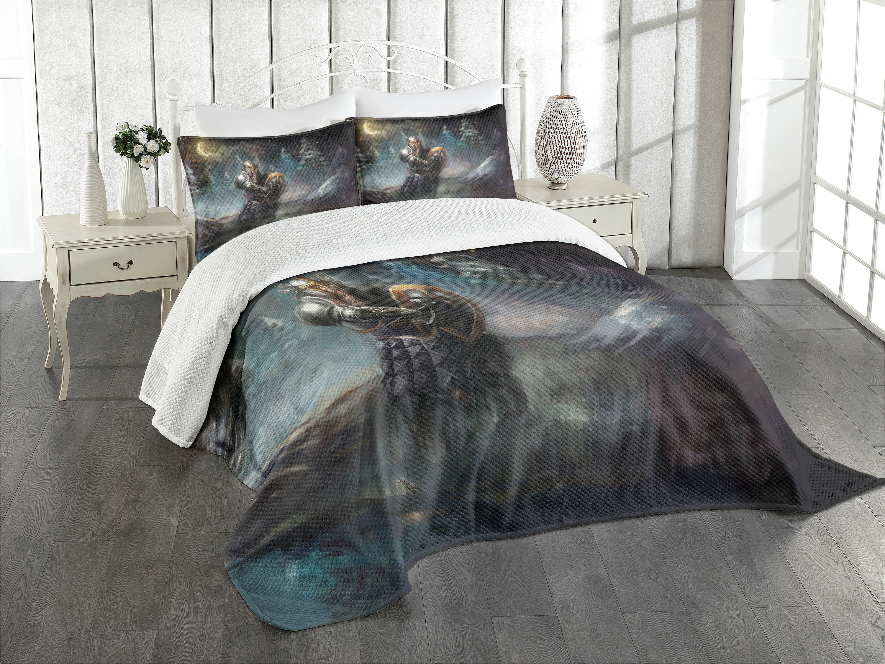 Ambesonne Fantasy Quilted Bedspread Set 3 Pcs, Medieval Dwarf Knight ...