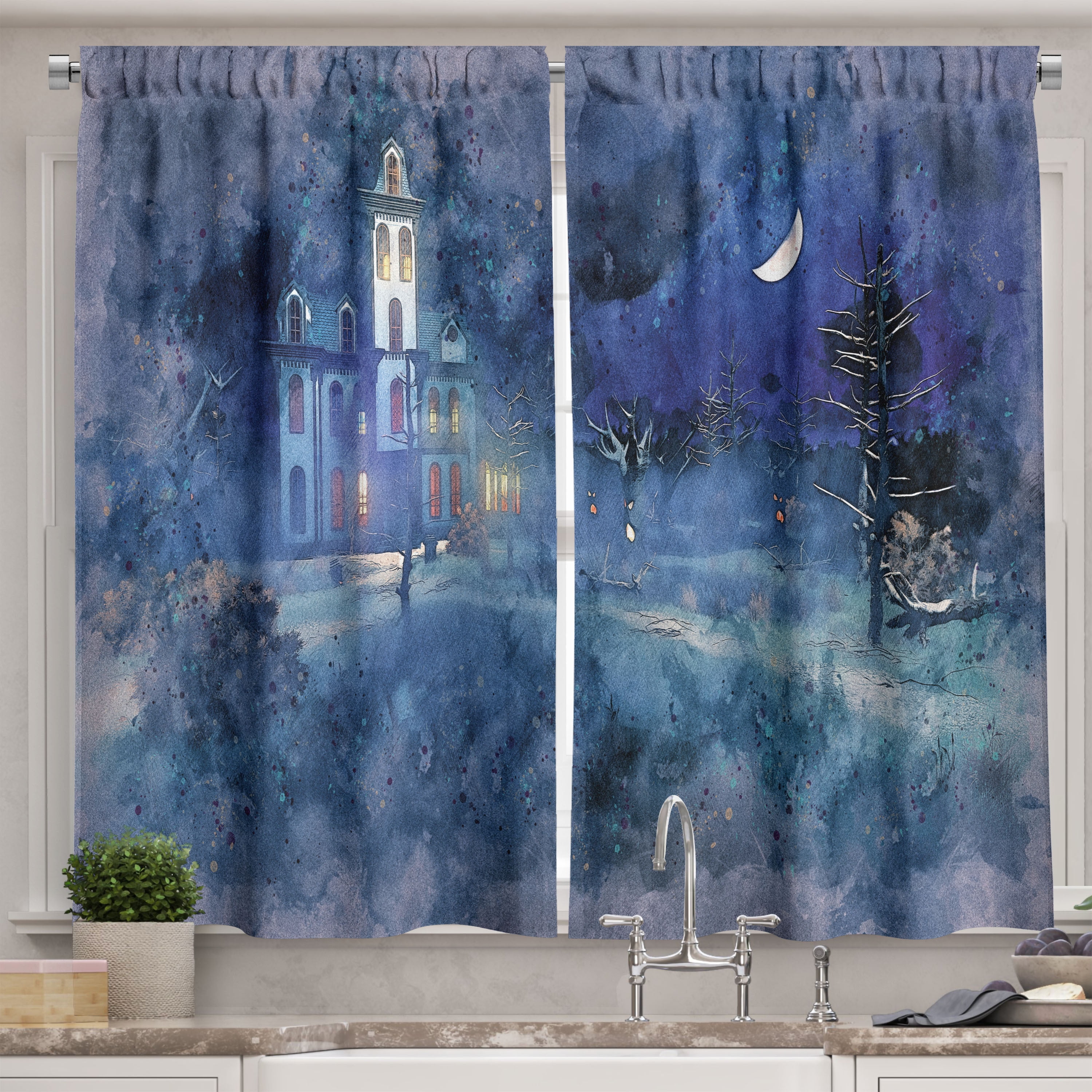 Ambesonne Fantasy World Kitchen Curtains, Medieval Mansion Moon, 55"x45 ...