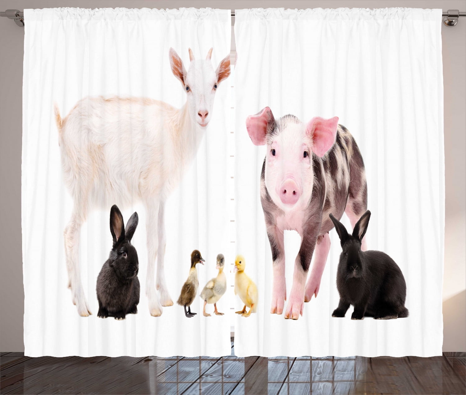 Ambesonne Farm Animal Curtains 2 Panel Set, Ducks Pig Goat Bunnies, 108 ...