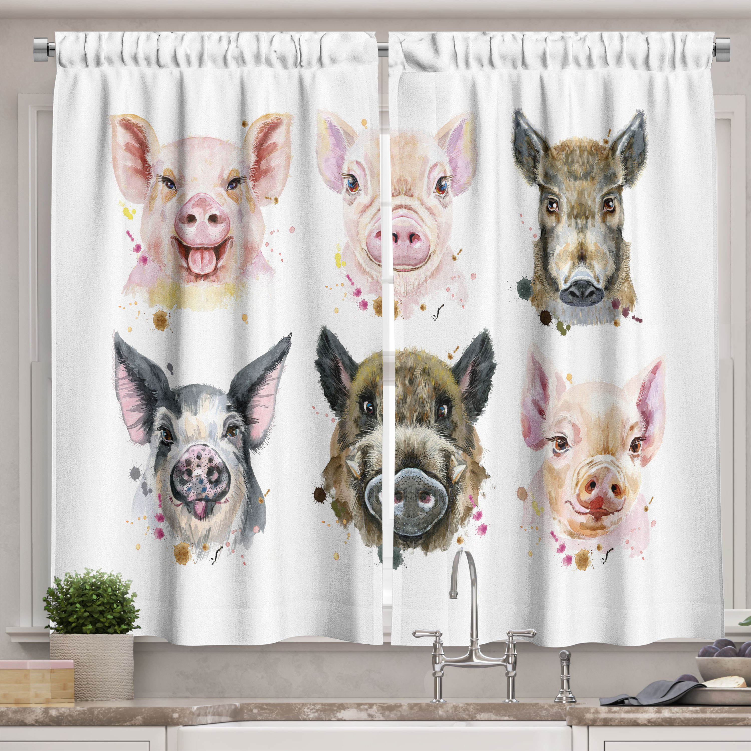 Ambesonne Farm Animal Kitchen Curtains, Breeds of Pig, 55"x39 ...