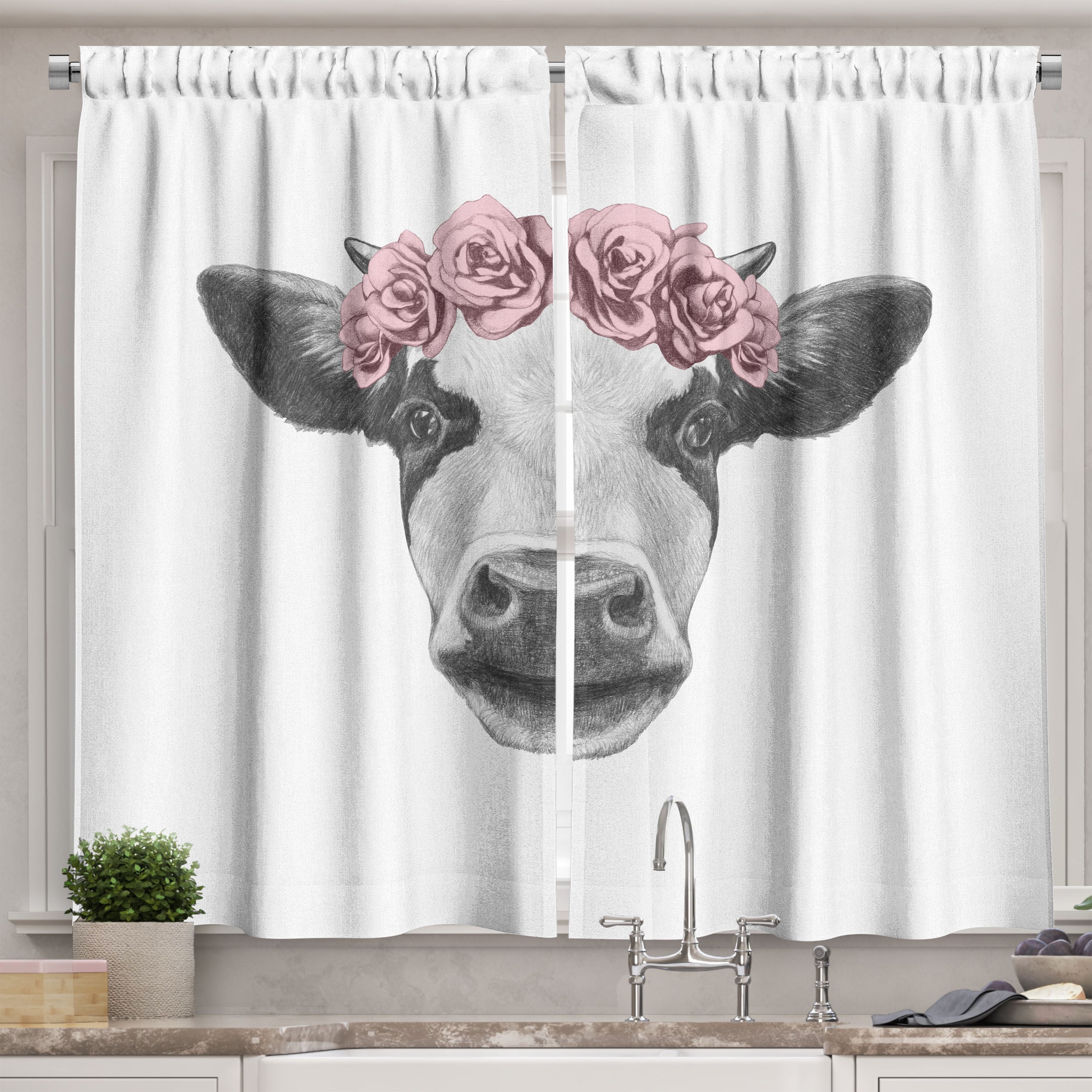 Ambesonne Farm Animal Kitchen Curtains, Cow with Roses Wreath, 55"x45 ...