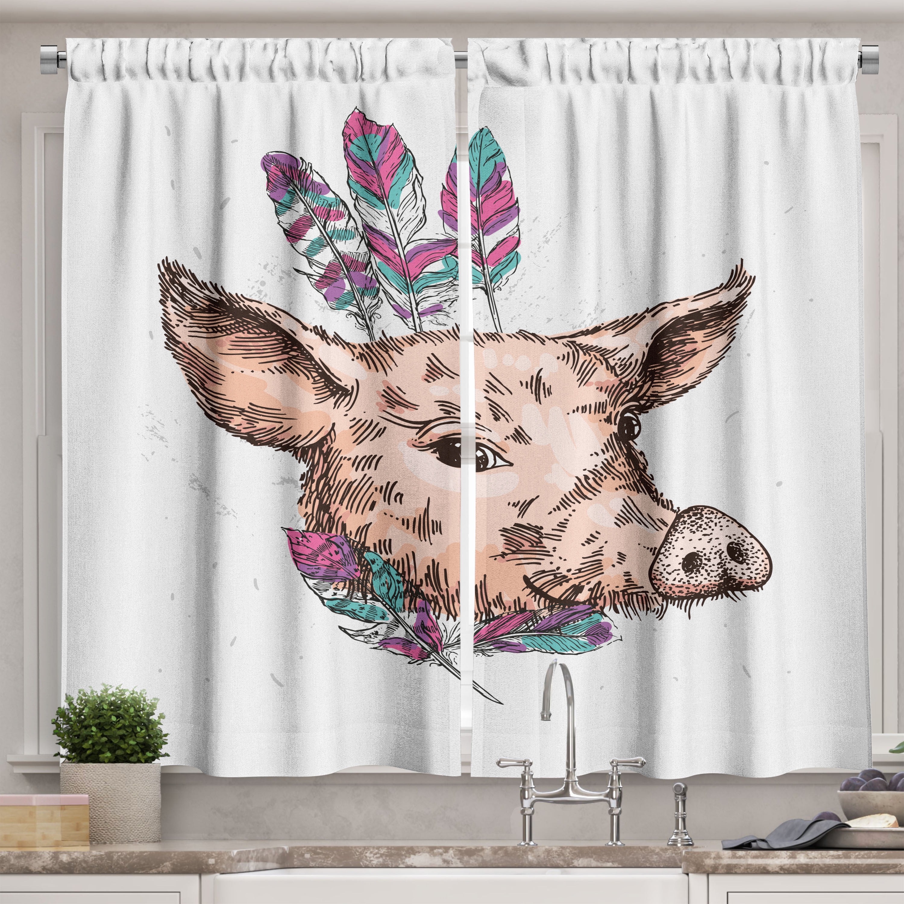 Ambesonne Farm Animal Kitchen Curtains, Pig Portrait Feathers, 55"x45 ...