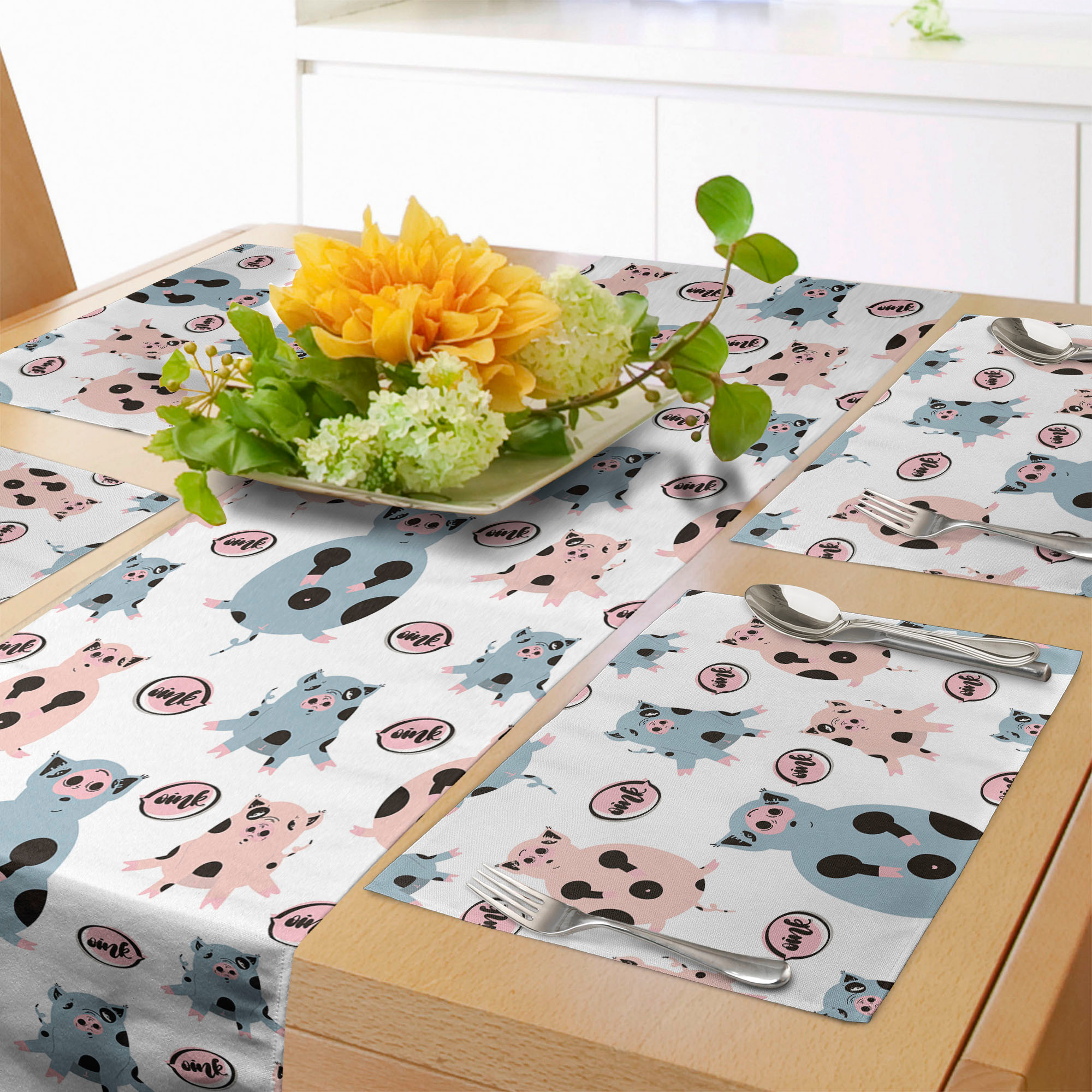 Ambesonne Farm Animal Table Runner & Placemats, Cartoon Pigs Art ...