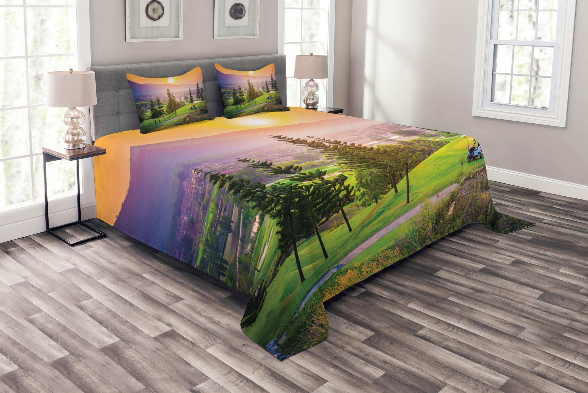 Ambesonne Farm House Quilted Bedspread Set 3 Pcs, Golf Spring Sunset ...
