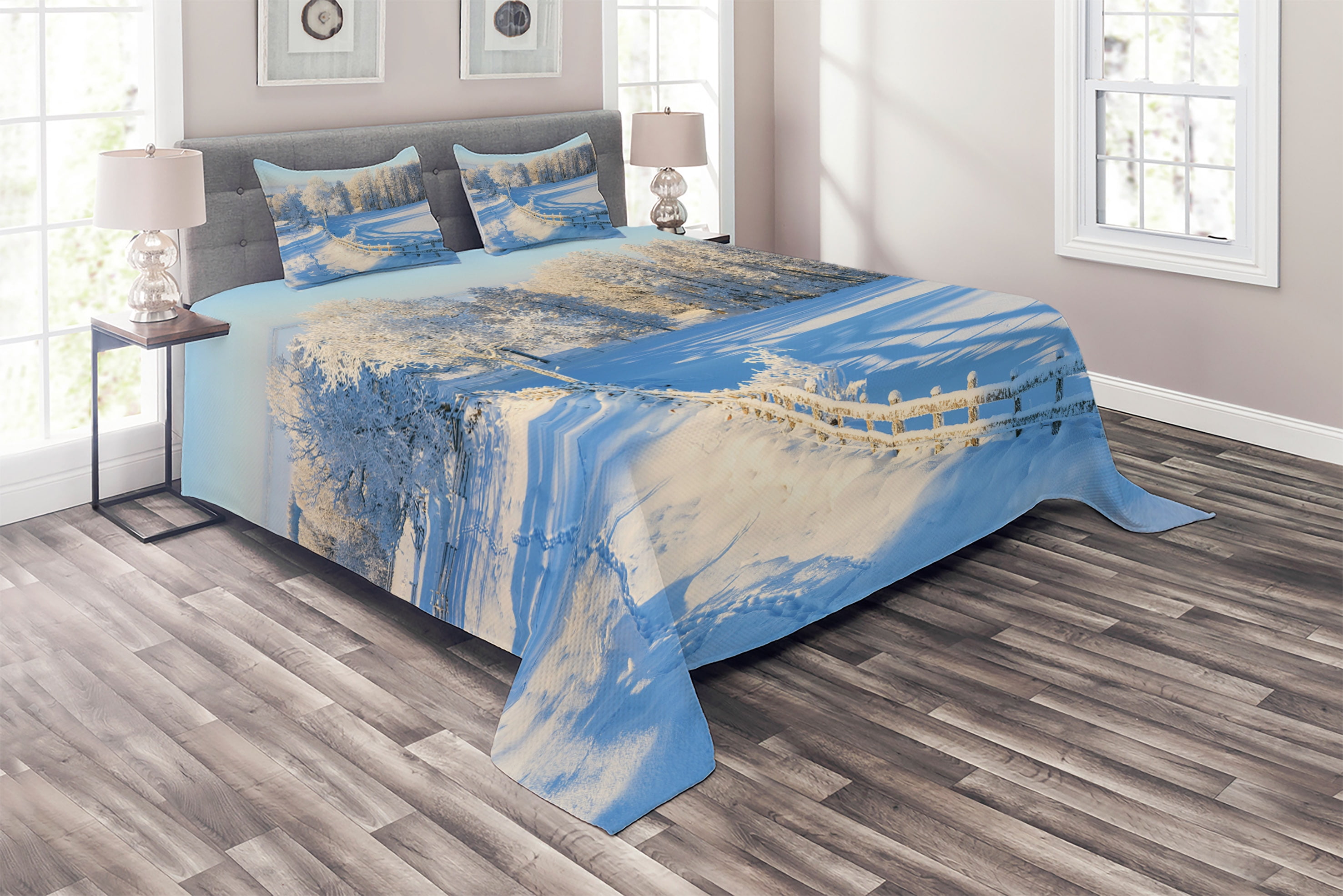 Ambesonne Farm House Quilted Coverlet 3 Pcs, Winter Snowy Pines, Queen ...