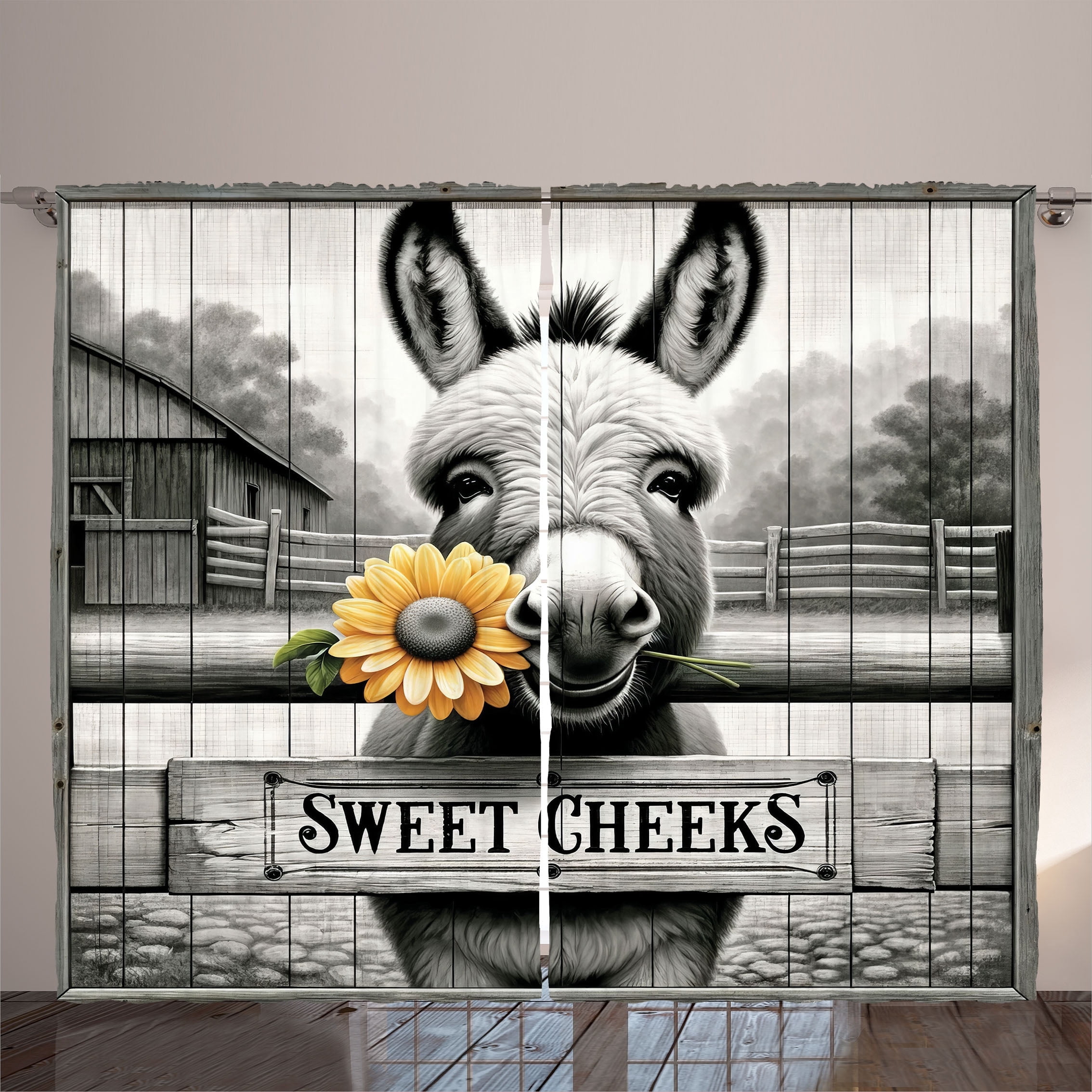 Ambesonne Farmhouse Curtains 2 Panel Set, Donkey with Sunflower, 108" x ...