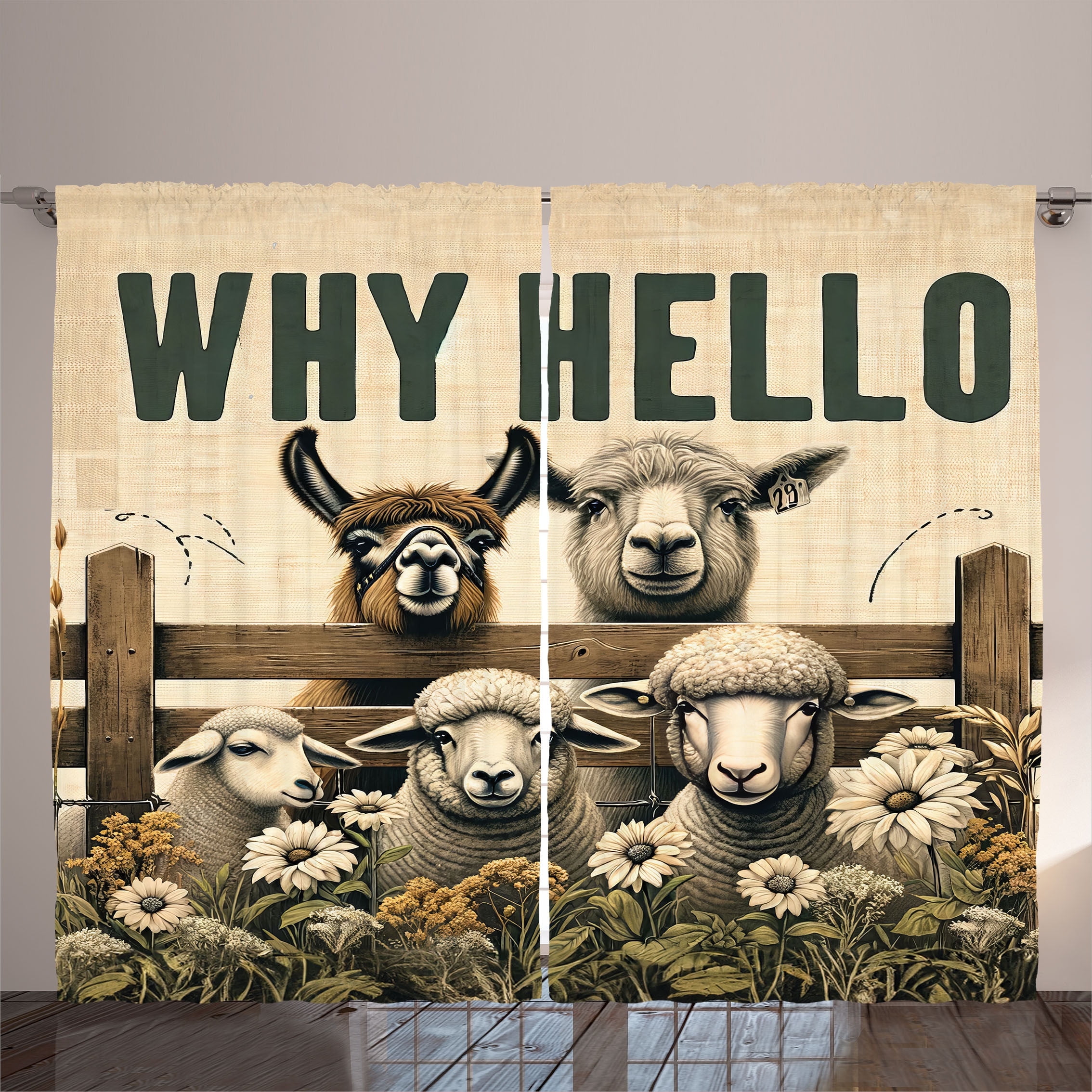 Ambesonne Farmhouse Curtains 2 Panel Set, Why Hello Sheep Alpaca, 108 ...