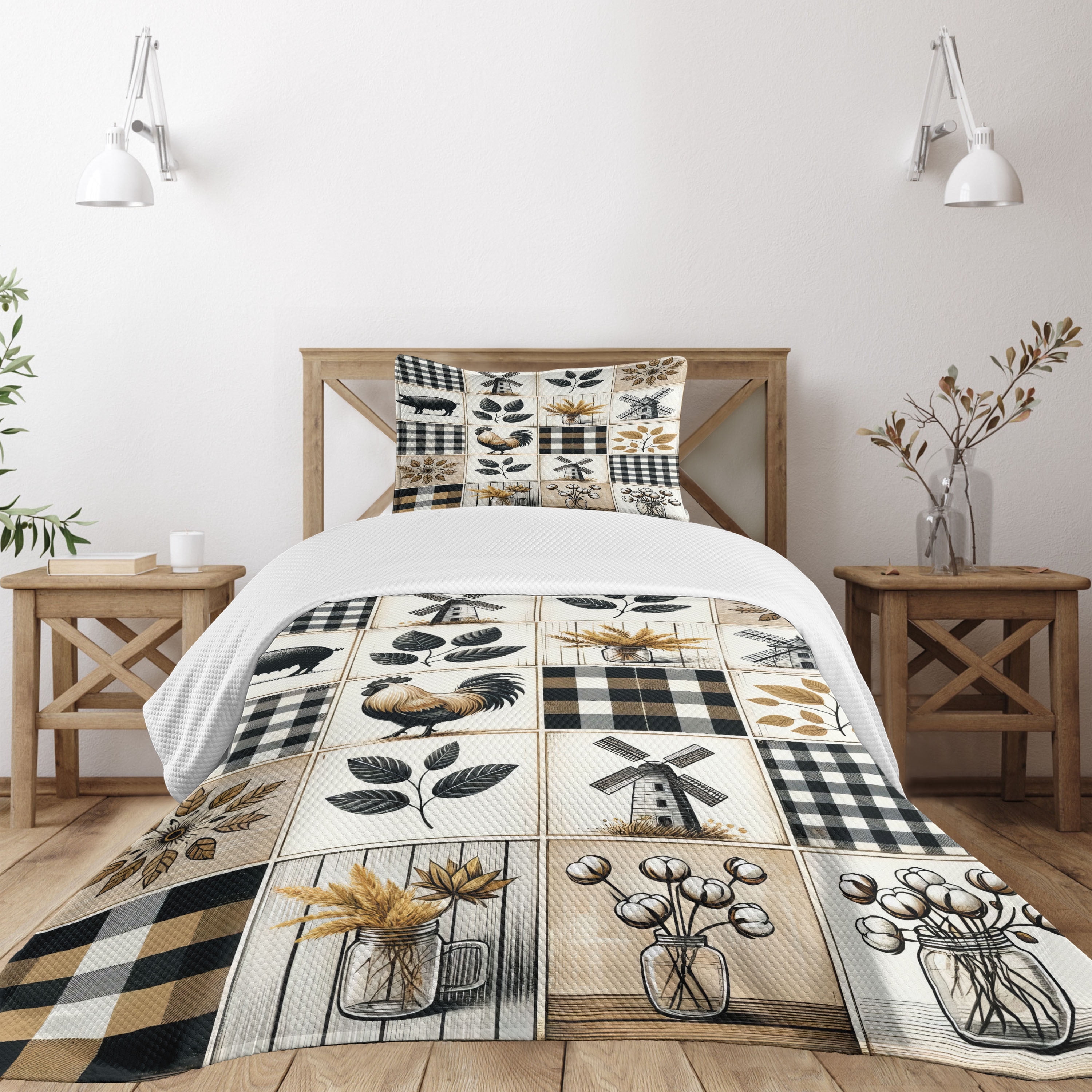 Ambesonne Farmhouse Quilted Bedspread Set 2 Pcs, Cottagecore Squares ...