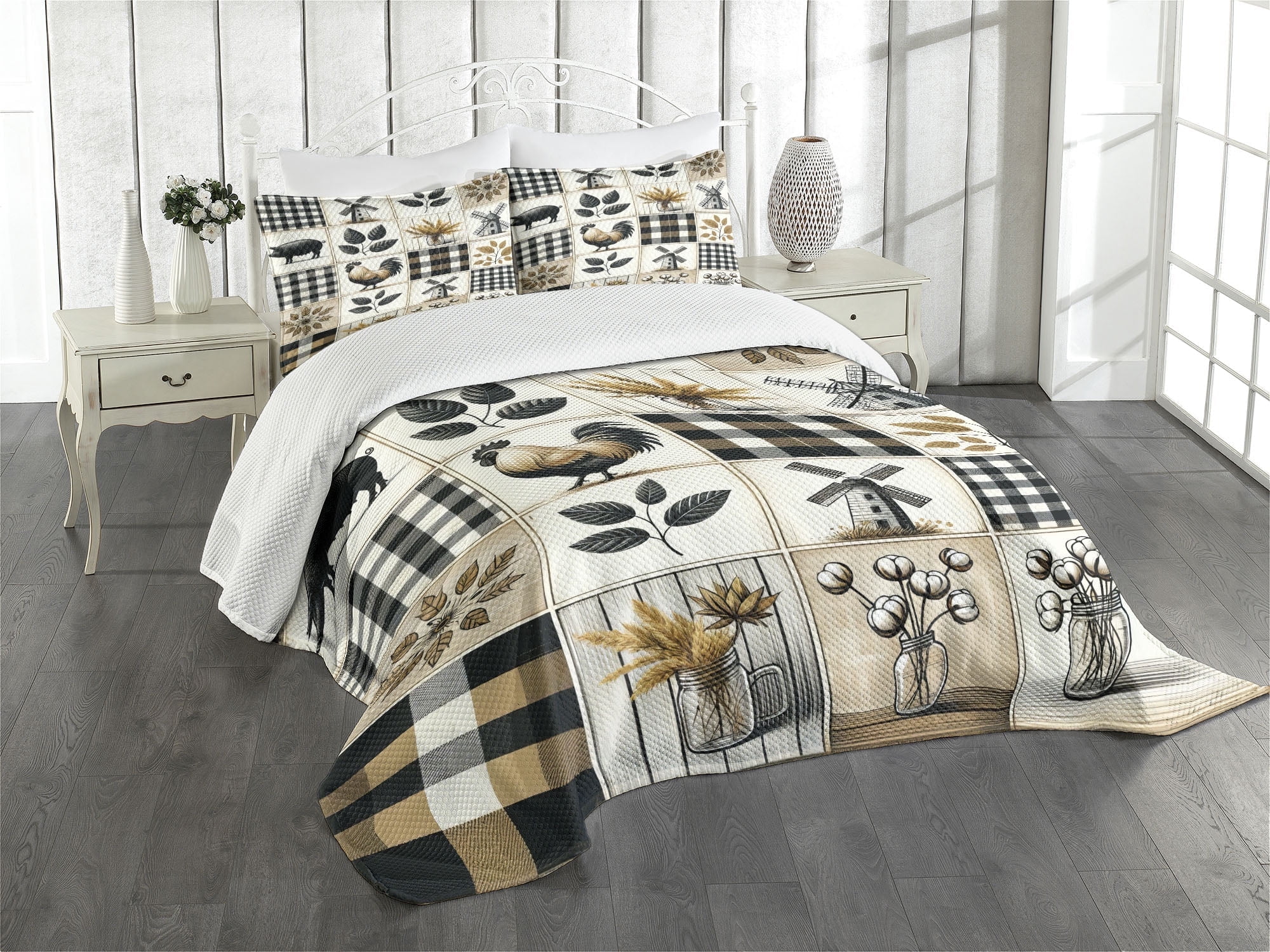 Ambesonne Farmhouse Quilted Bedspread Set 3 Pcs, Cottagecore Squares ...