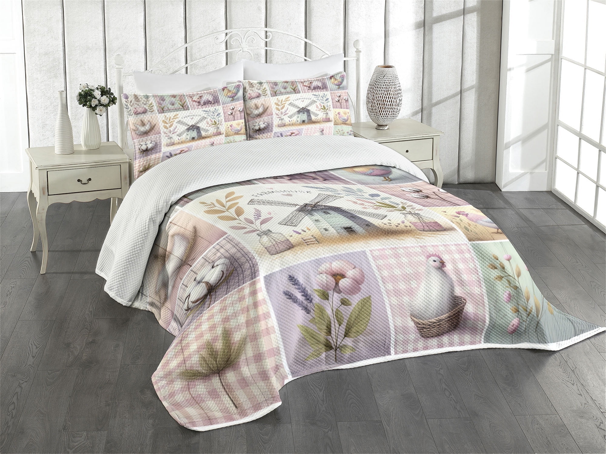 Ambesonne Farmhouse Quilted Bedspread Set 3 Pcs, Pastel Cottagecore ...