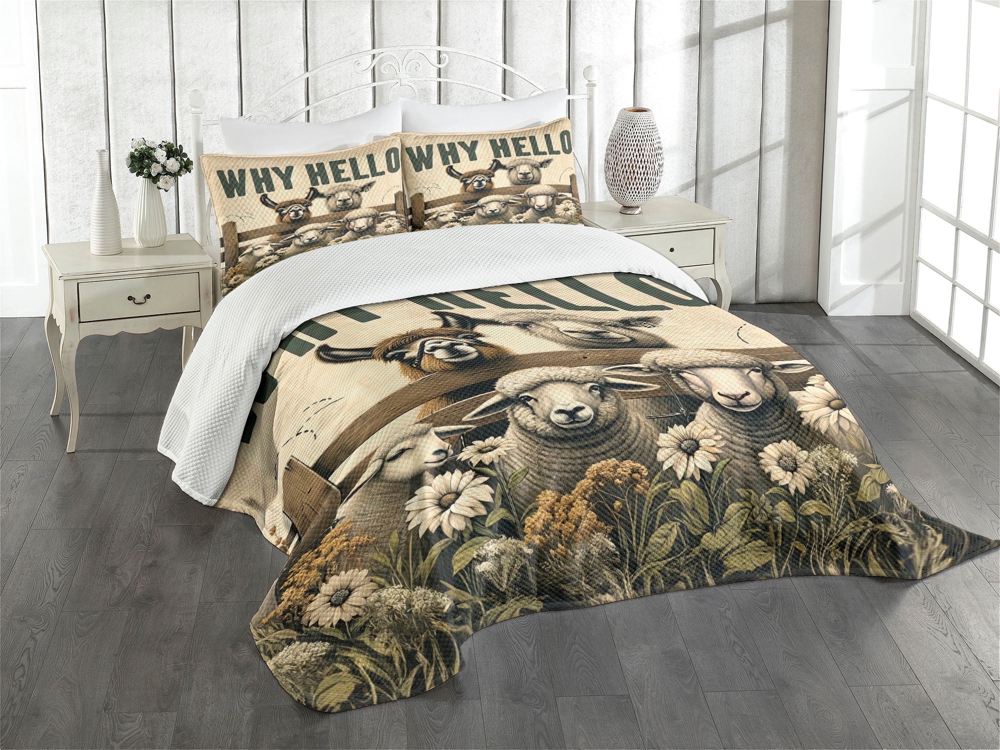 Ambesonne Farmhouse Quilted Bedspread Set 3 Pcs, Why Hello Sheep Alpaca ...