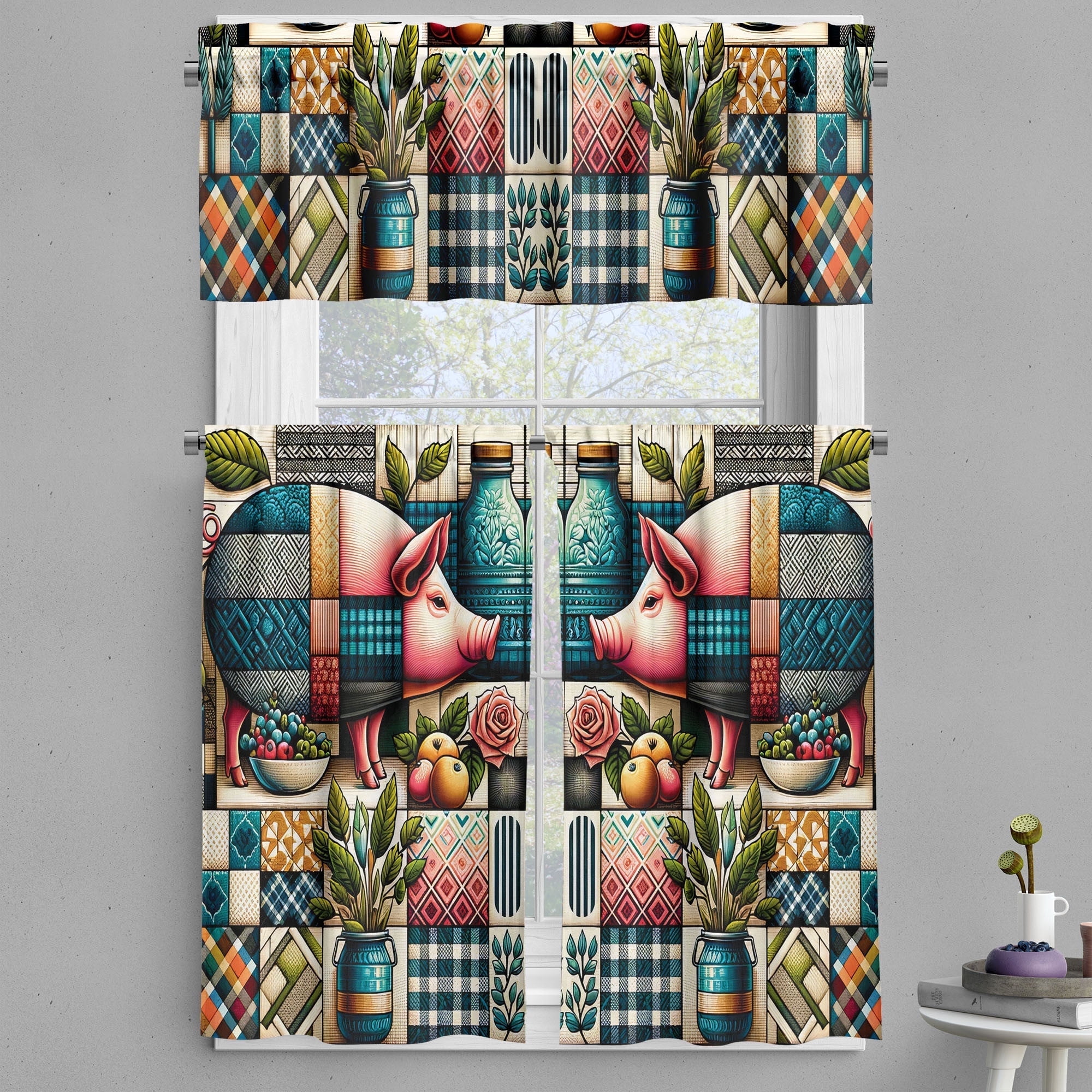 Ambesonne Farmhouse Valance & Curtain 3 Pcs Set, Boho Mosaic Pig Fruits ...