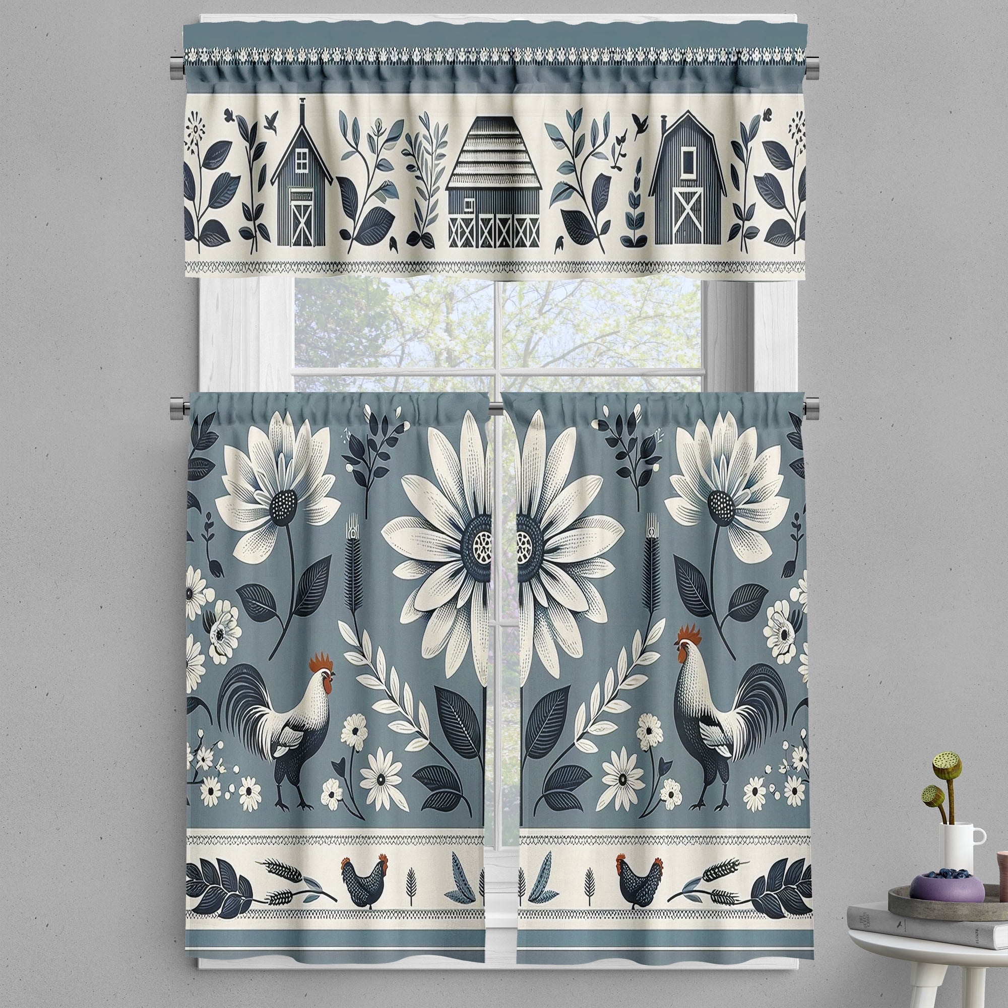 Ambesonne Farmhouse Valance & Curtain 3 Pcs Set, Muted Colors Folk Barn ...