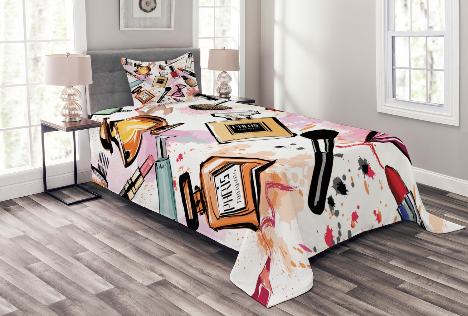 Ambesonne Fashion Quilted Bedspread Set 2 Pcs, Cosmetics Make up Theme ...