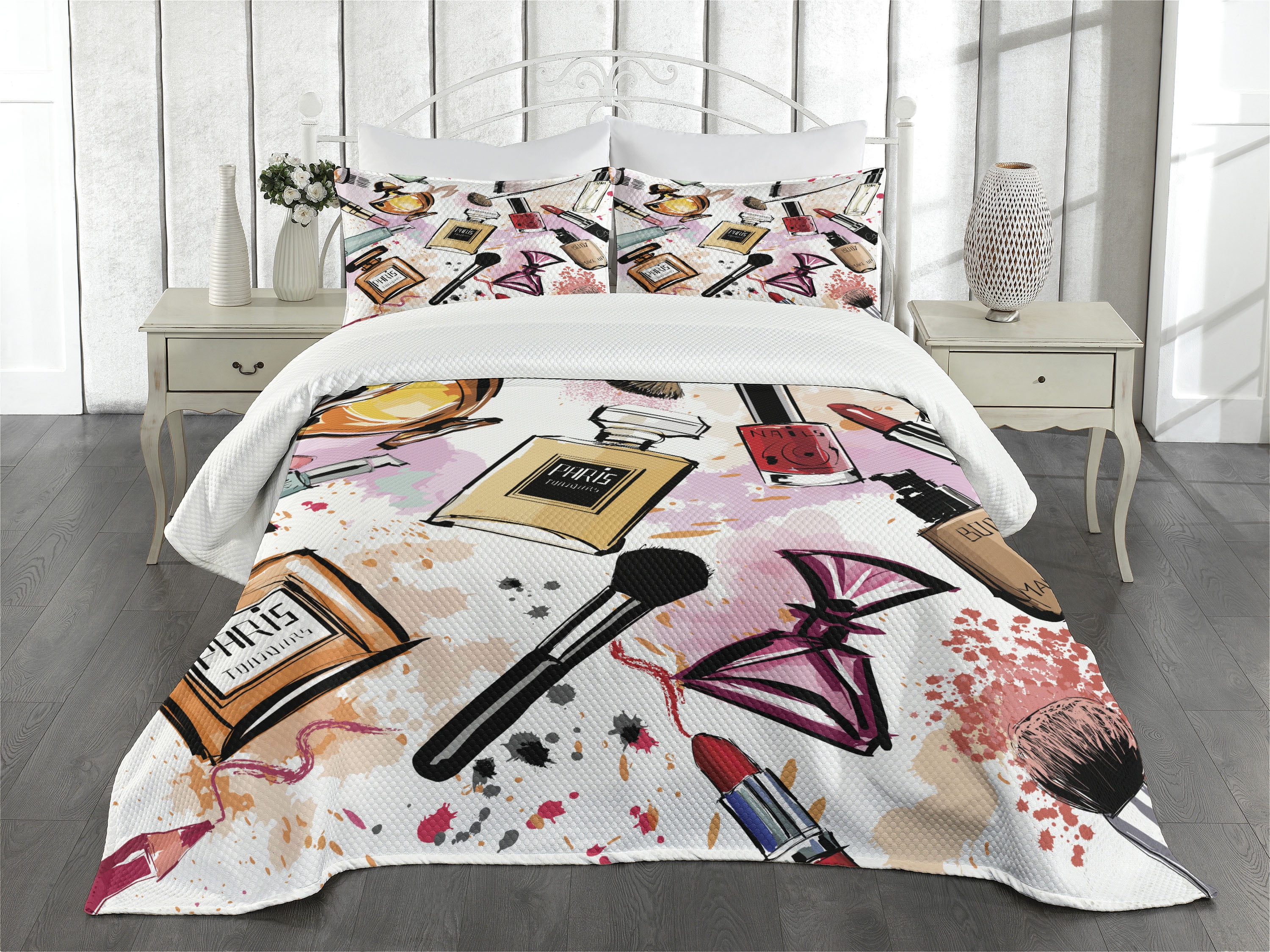 Ambesonne Fashion Quilted Bedspread Set 3 Pcs, Cosmetics Make up Theme ...