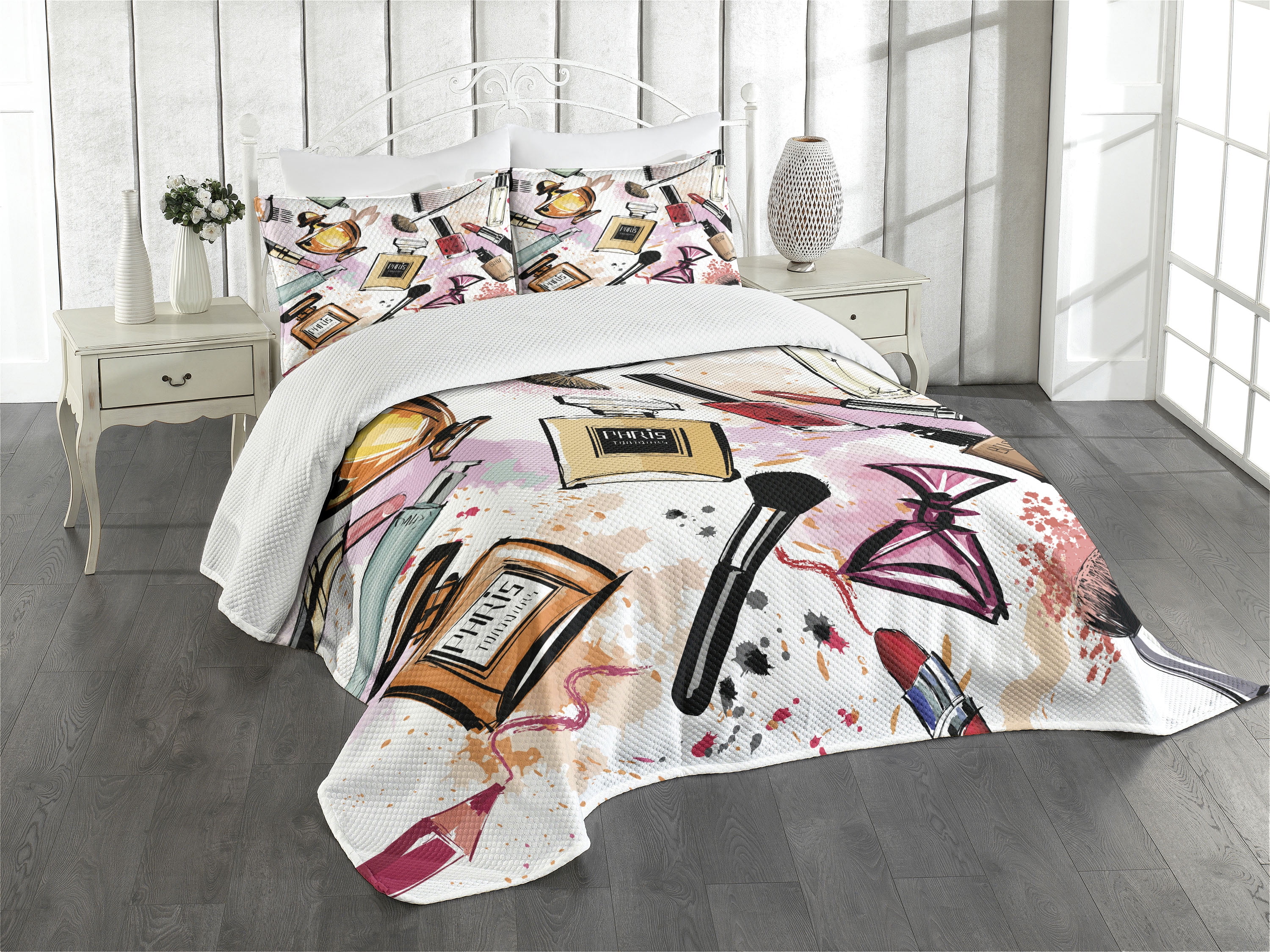 Ambesonne Fashion Quilted Bedspread Set 3 Pcs, Cosmetics Make up Theme ...