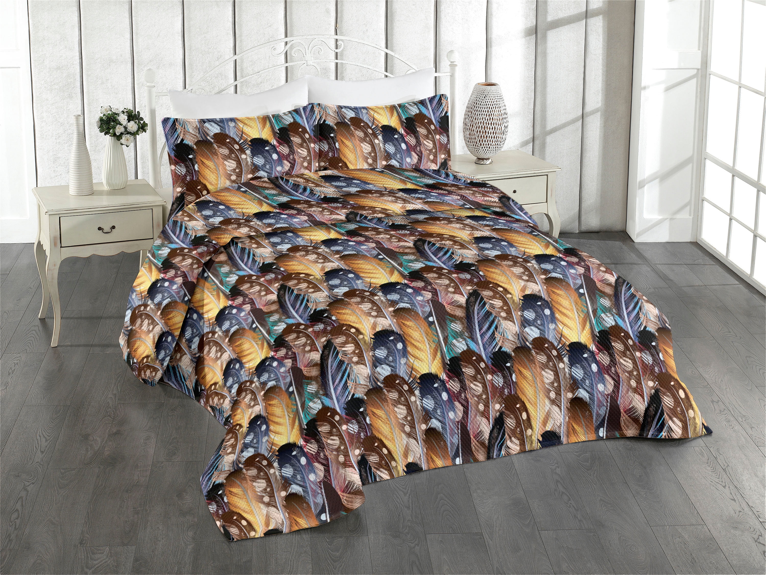 Ambesonne Fashion Quilted Bedspread Set 3 Pcs, Multicolored Feathers ...