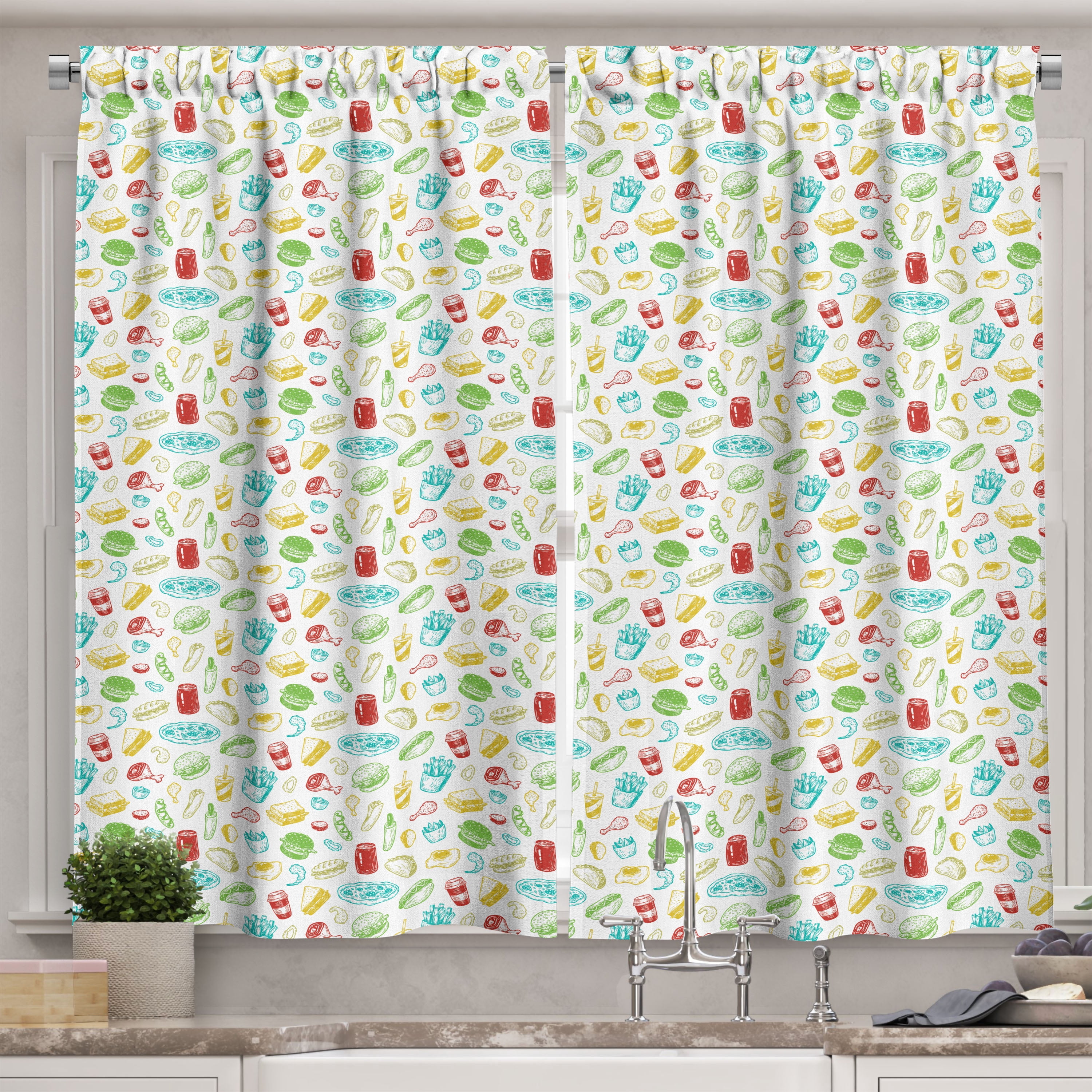 Ambesonne Fast Food Kitchen Curtains, Pizza Burger Hot Dog Art, 55"x45 ...