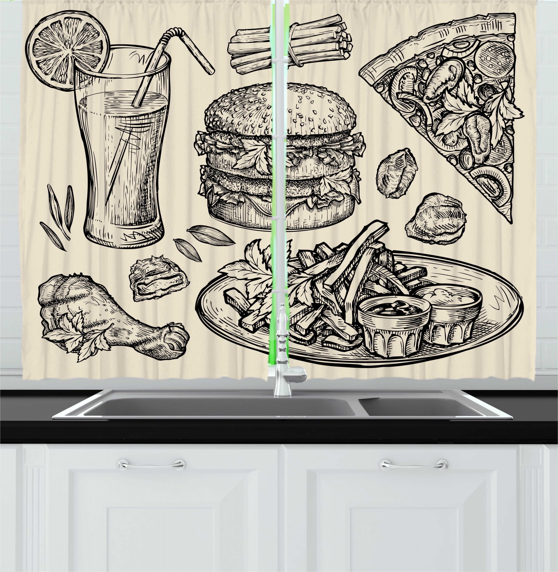 Ambesonne Fast Food Kitchen Curtains, Pizza Burger Lemonade, 55"x45 ...