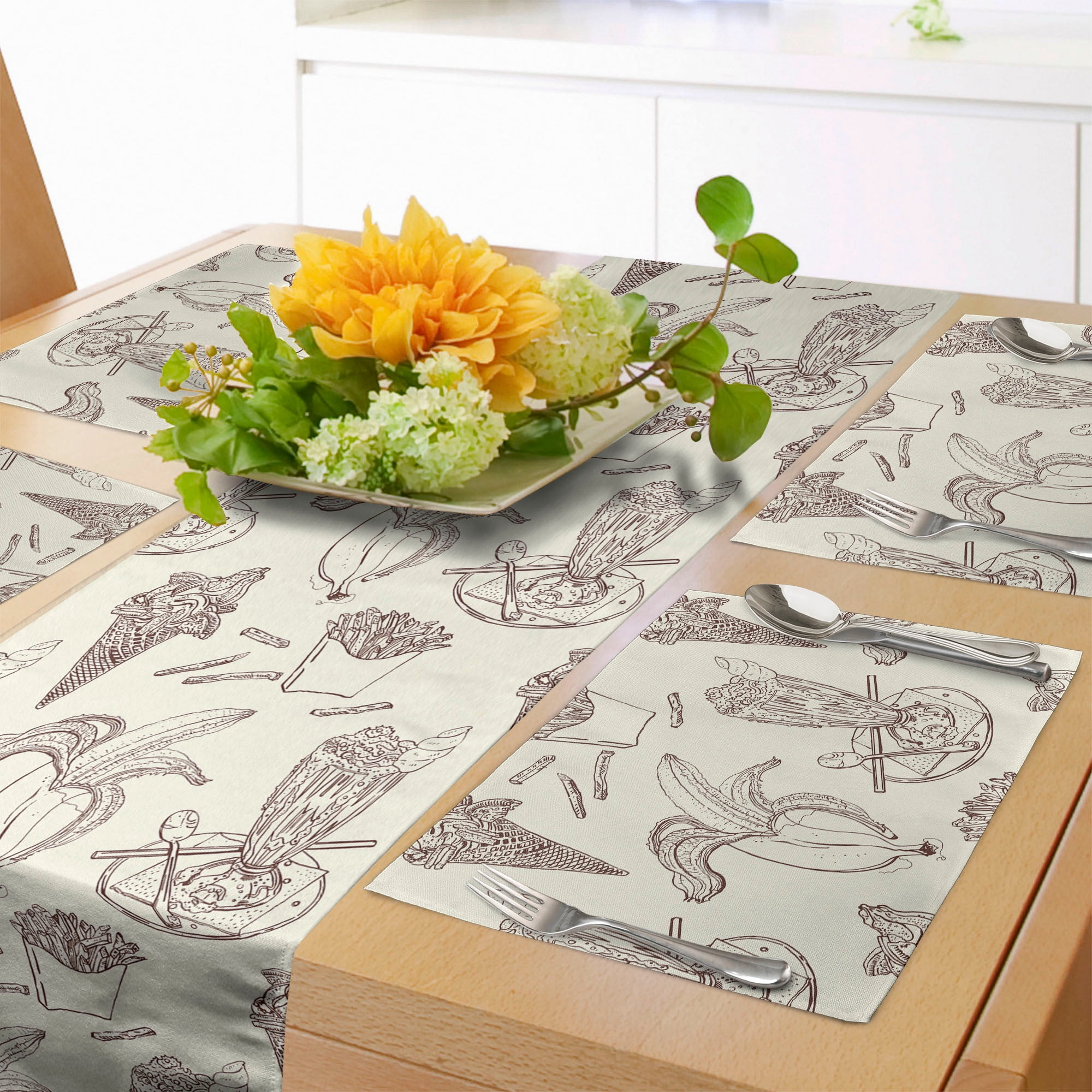 Ambesonne Fast Food Table Runner & Placemats, Ice Cream French Fries ...