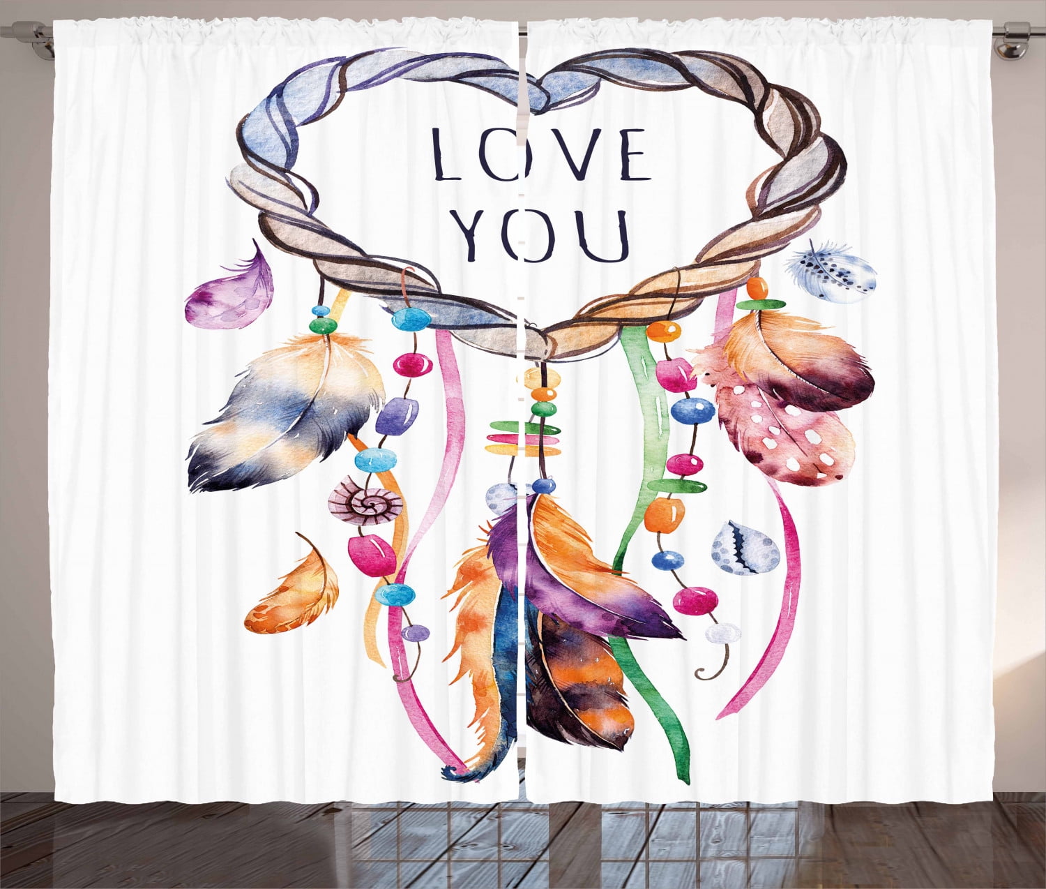 Ambesonne Feather Curtains 2 Panel Set, Dreamcatcher Boho Style, 108" x ...