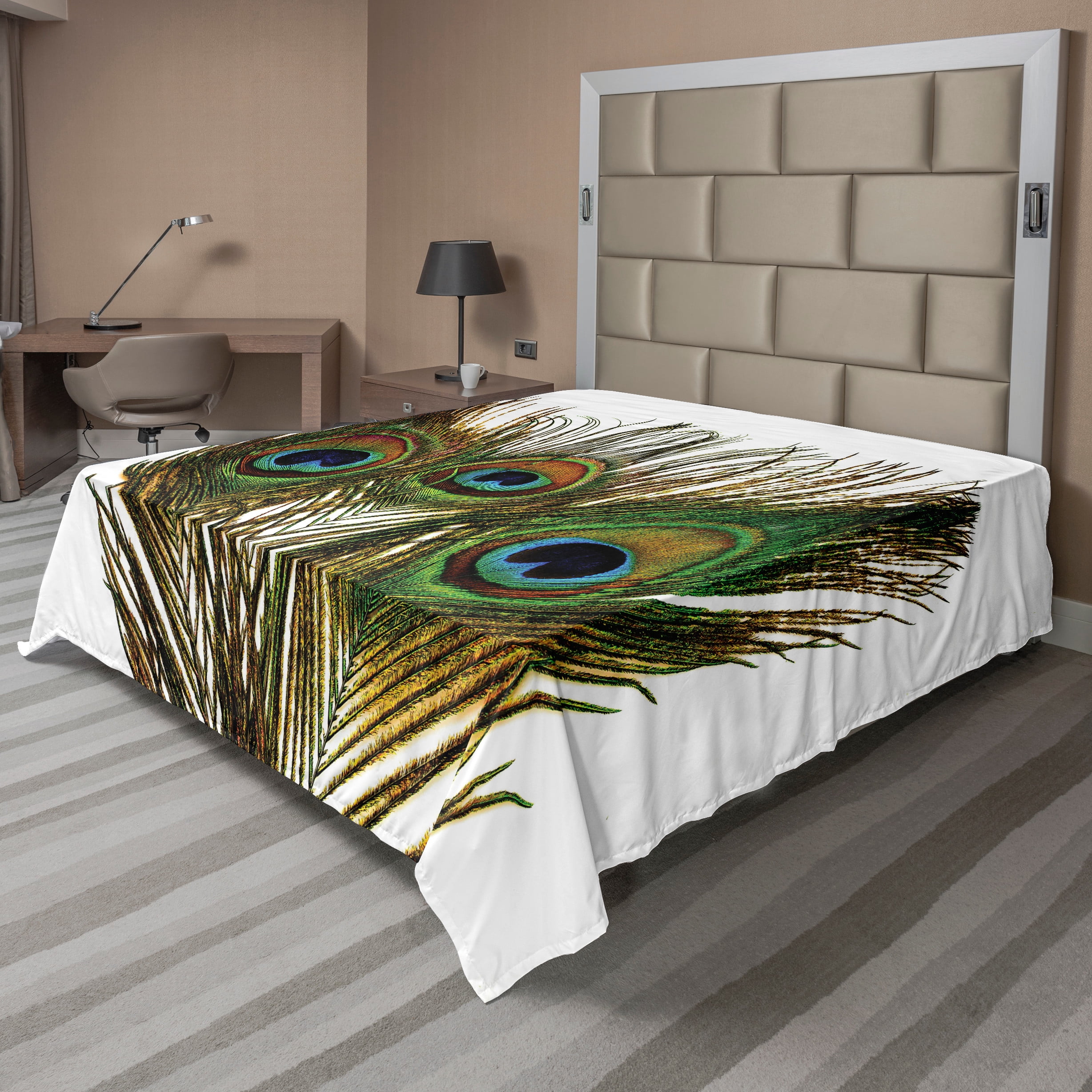 Ambesonne Feather Flat Sheet, Close up Peacock Feather, Queen Size ...