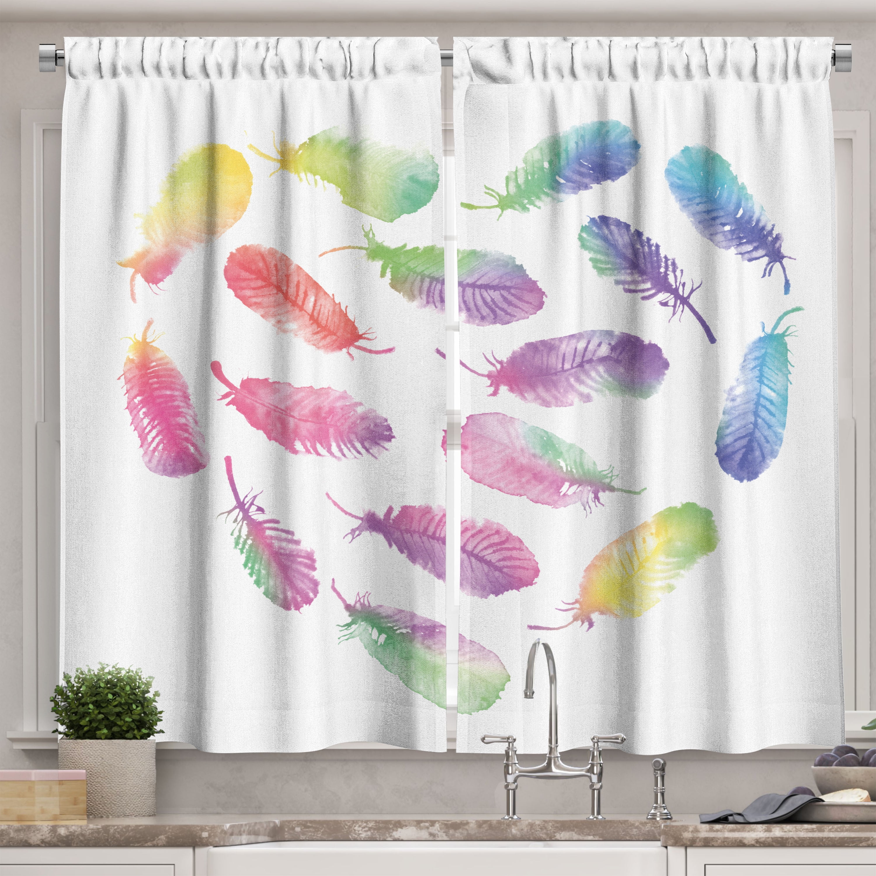 Ambesonne Feather Kitchen Curtains, Romantic Plumage Design, 55"x39 ...