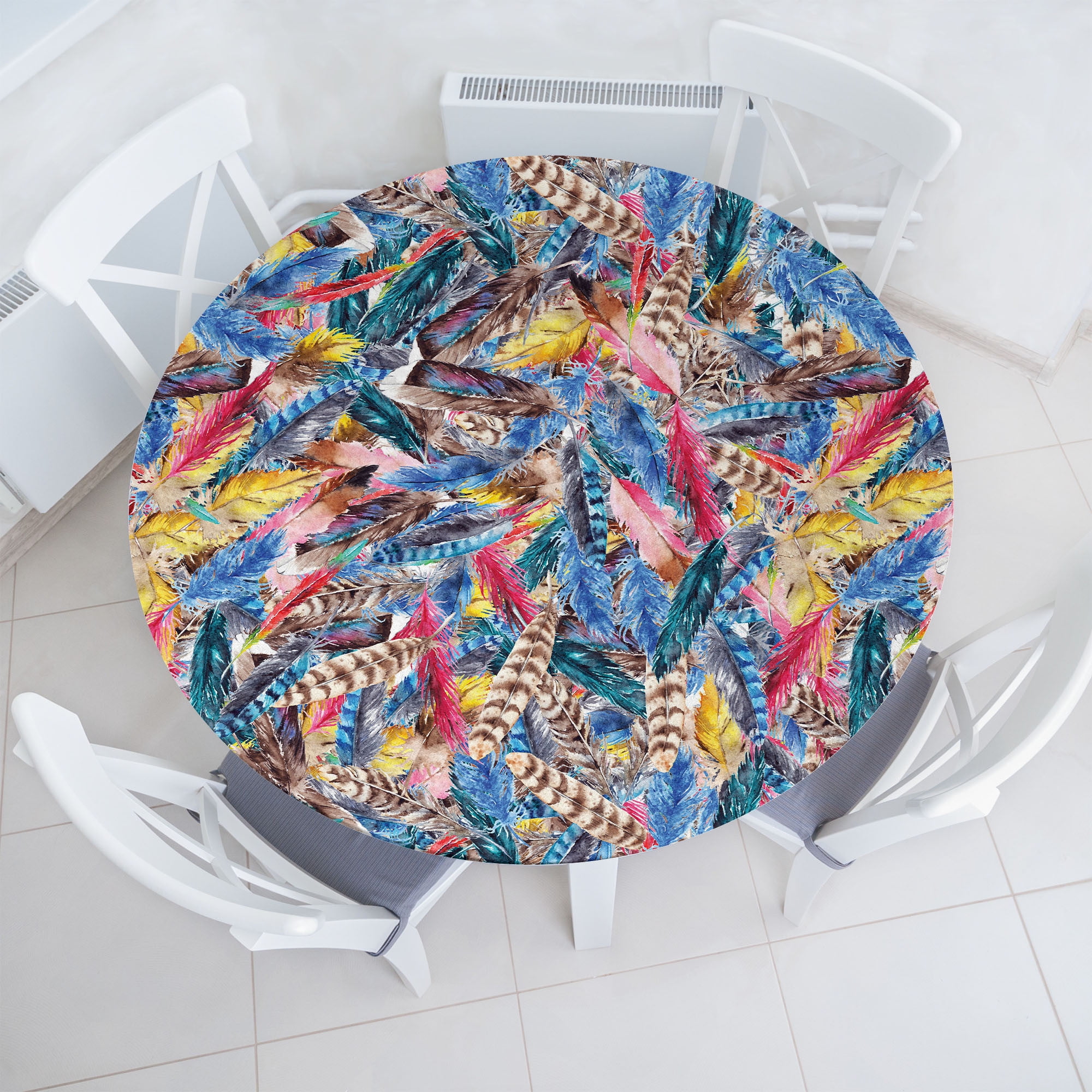 Ambesonne Feather Pattern Fitted Round Tablecloth, Colorful Fuzz Print ...