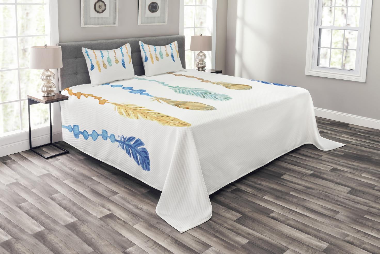 Ambesonne Feather Quilted Bedspread Set 3 Pcs, Colorful Bird Design ...