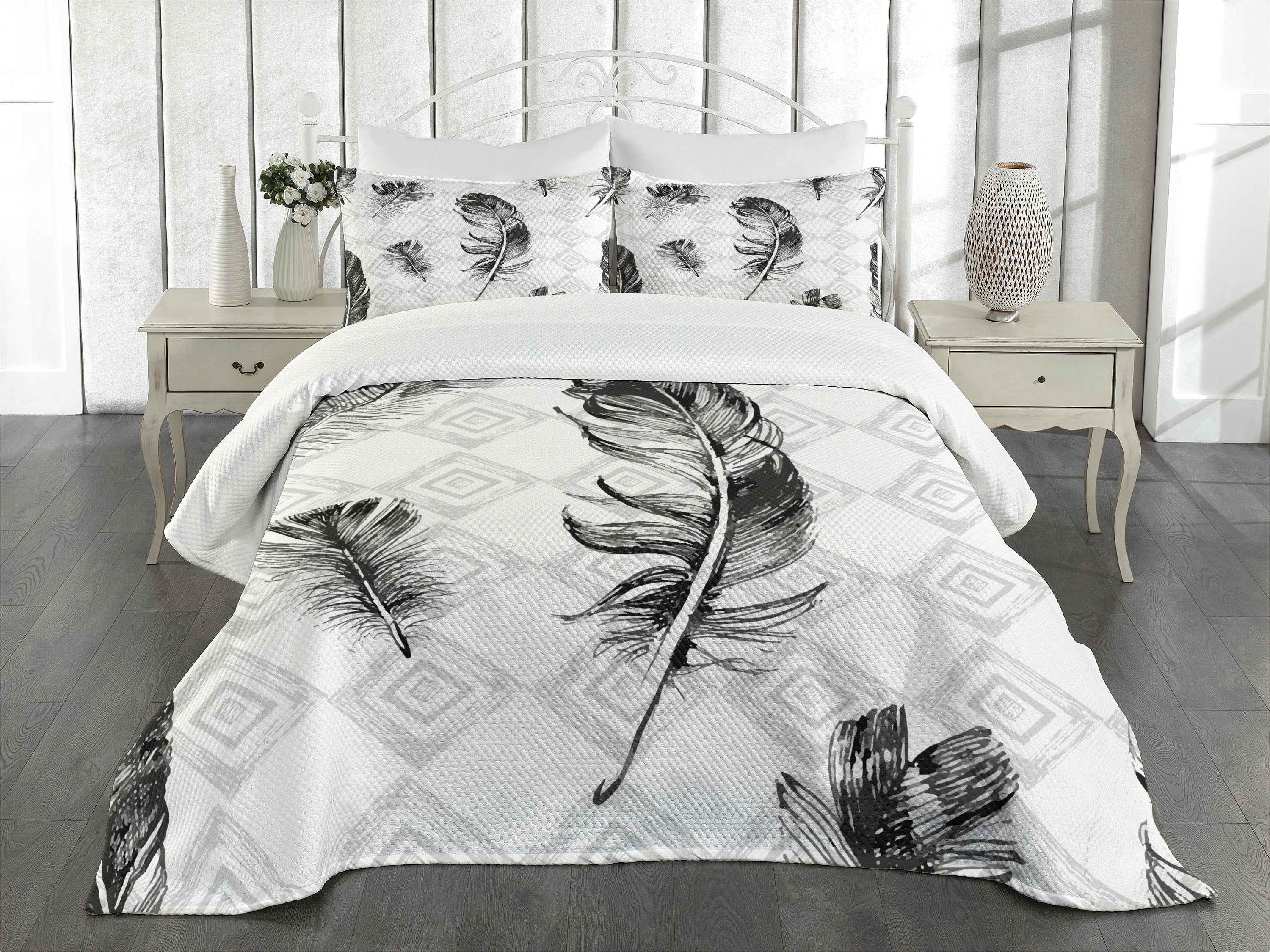 Ambesonne Feather Quilted Bedspread Set 3 Pcs, Nested Squares Mosaic ...