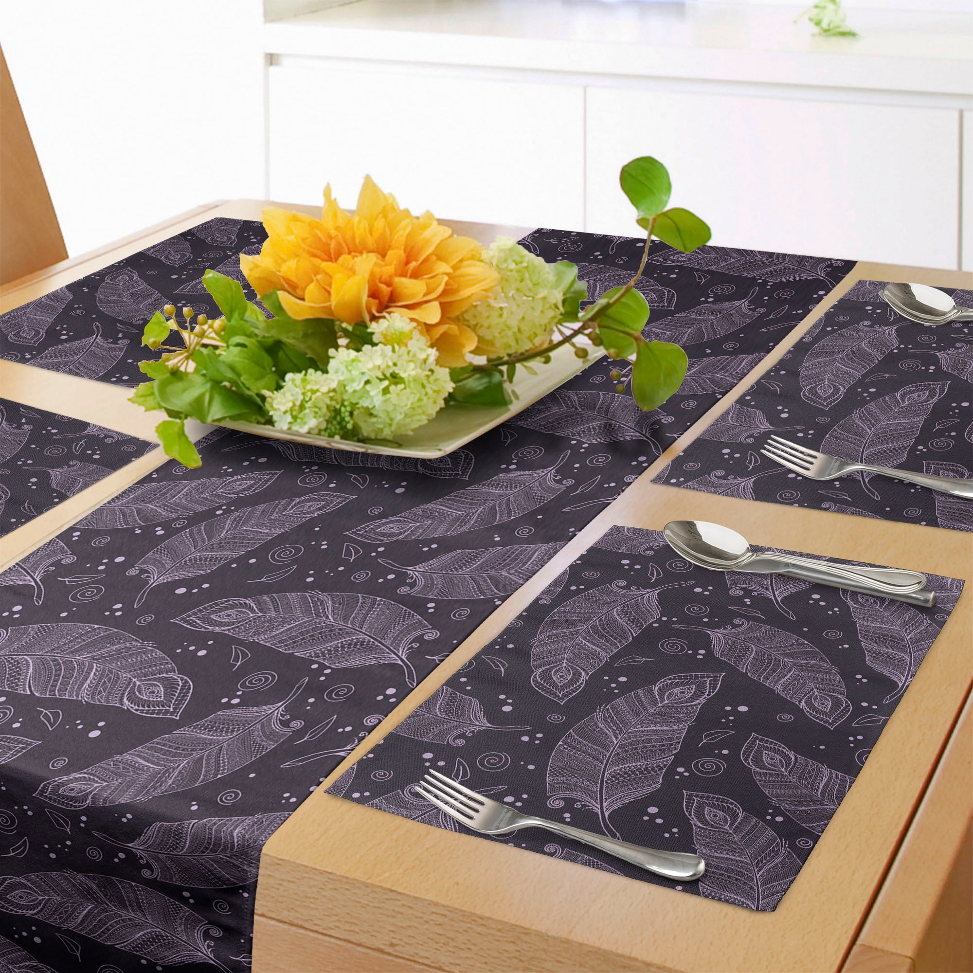 Ambesonne Feather Table Runner & Placemats, Romantic Zentangle, Placemat 4 pcs + Runner 12"x72 ...