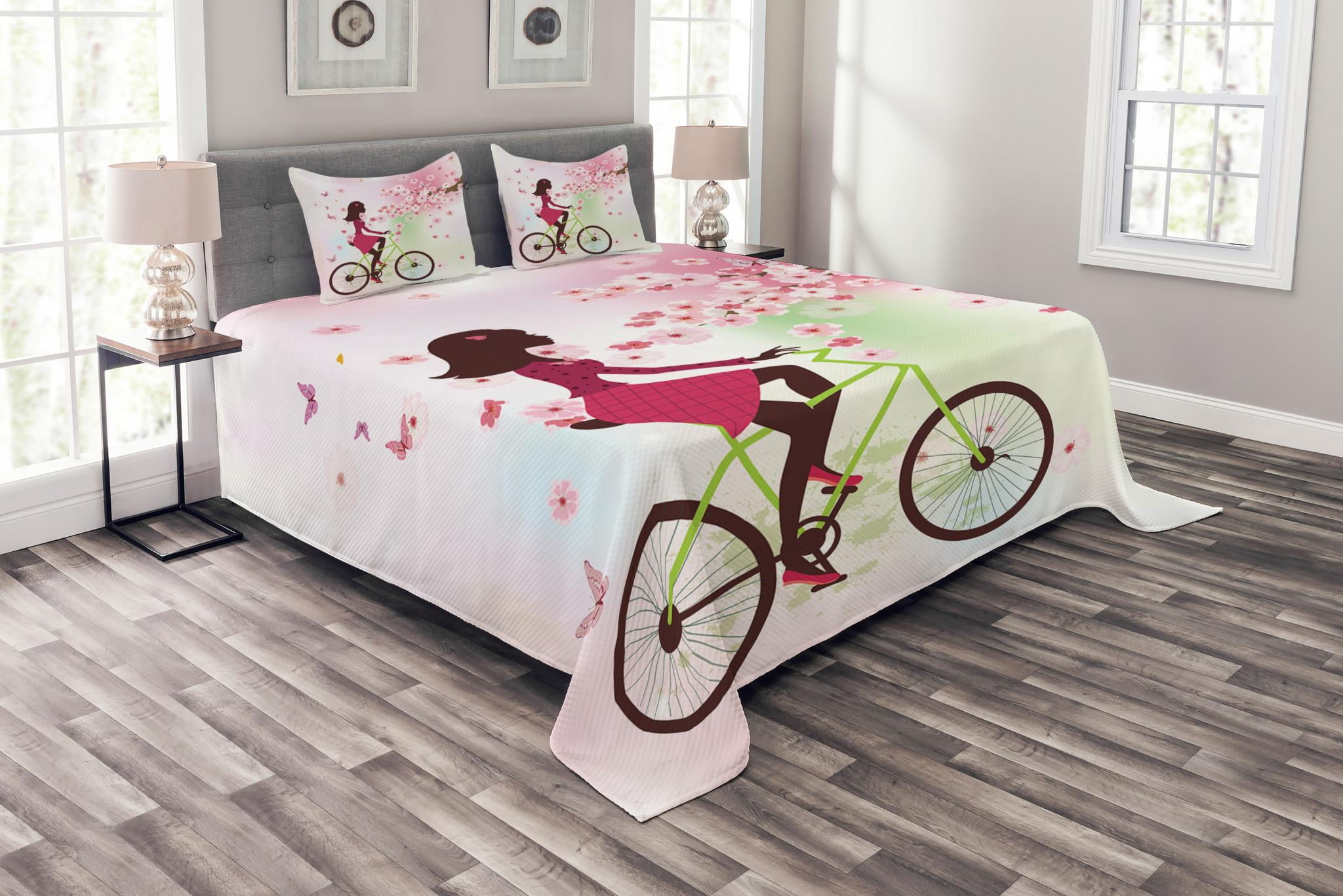 Ambesonne Feminine Quilted Bedspread Set 3 Pcs, Cherry Bloom Lady Bike ...