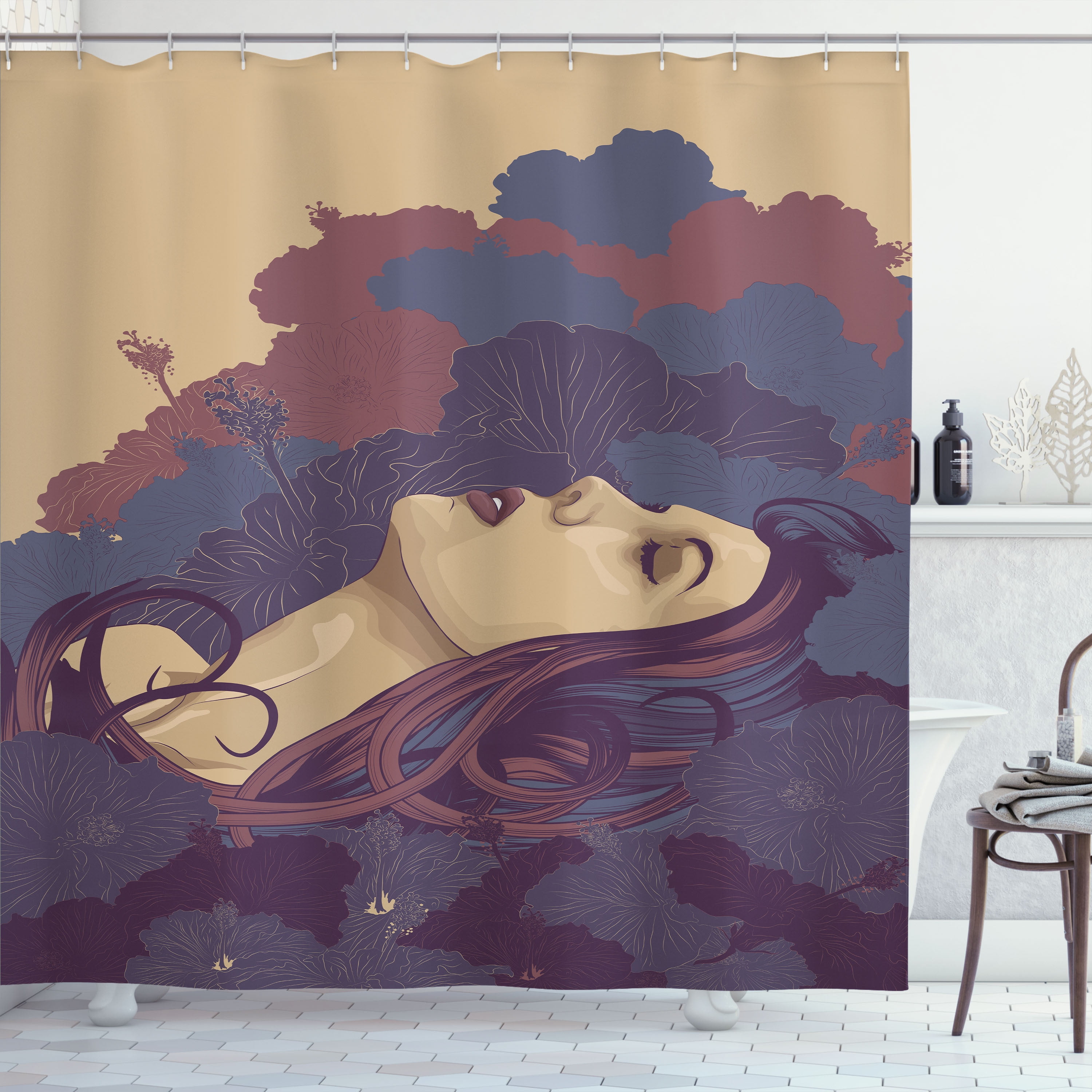 Ambesonne Feminine Shower Curtain, Abstract Floral Art Woman, 69"Wx70"L ...
