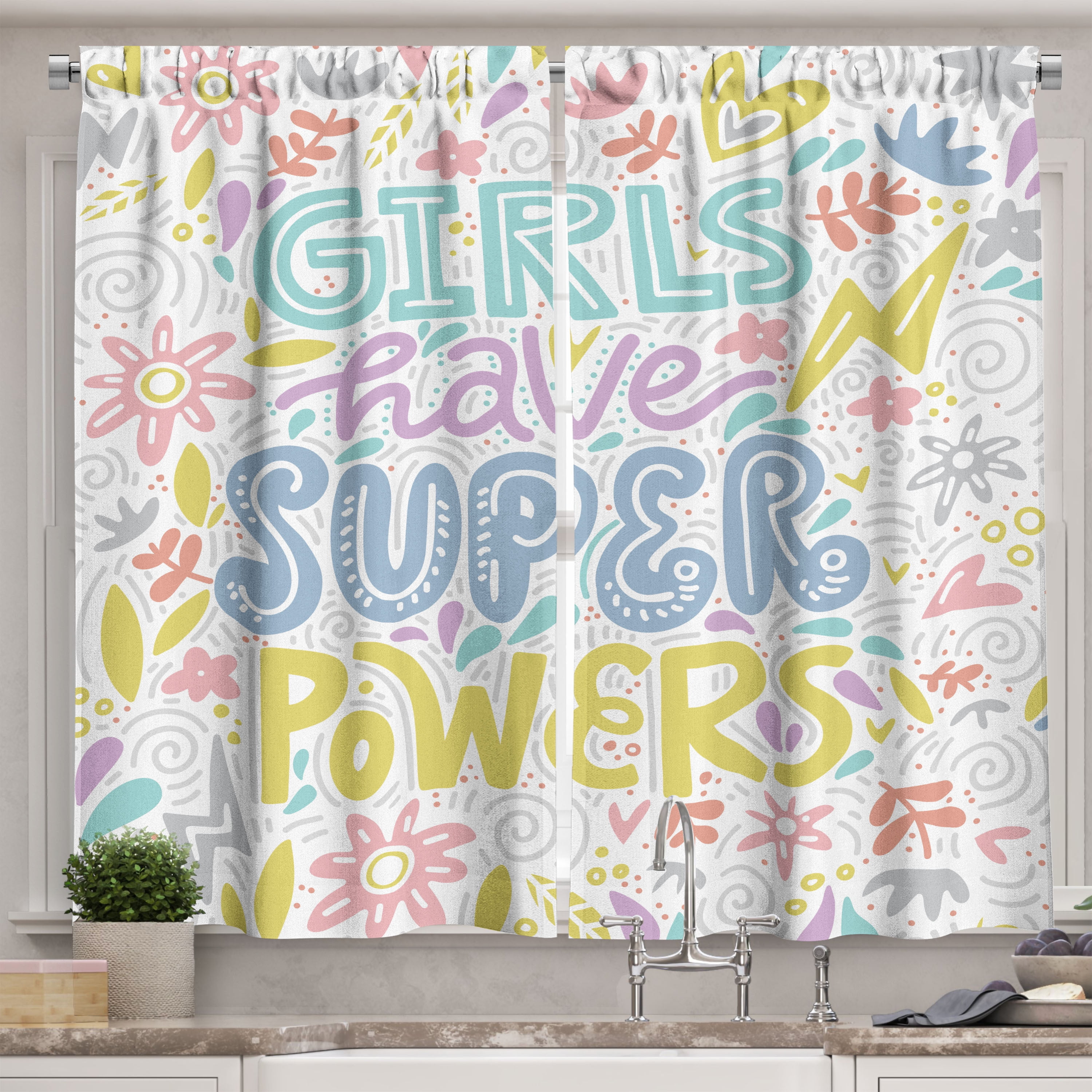 Ambesonne Feminist Kitchen Curtains, Boho Floral Girl Power, 55"x39 ...