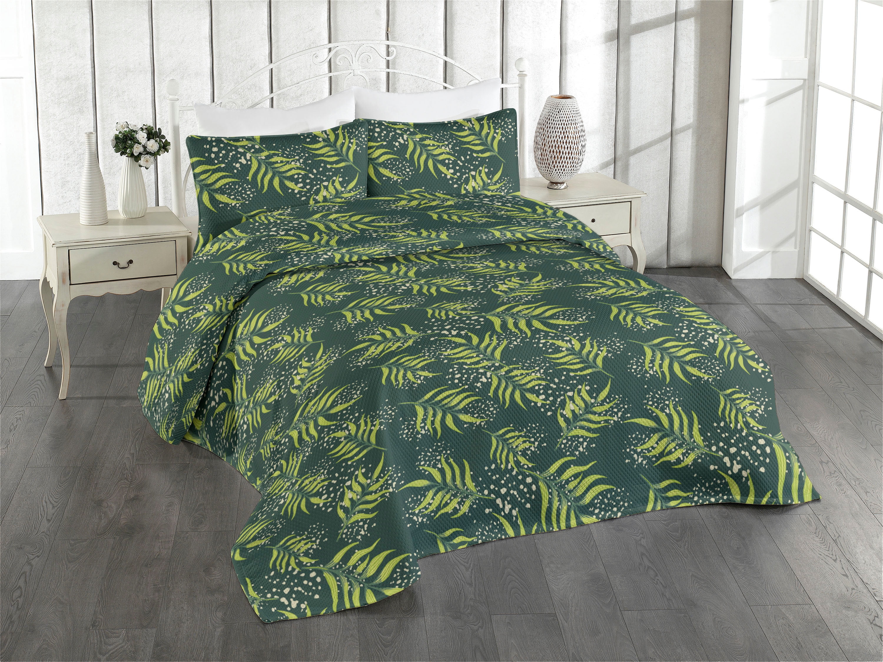 Ambesonne Fern Leaves Quilted Bedspread Set 3 Pcs, Leafy Jungle Pattern ...