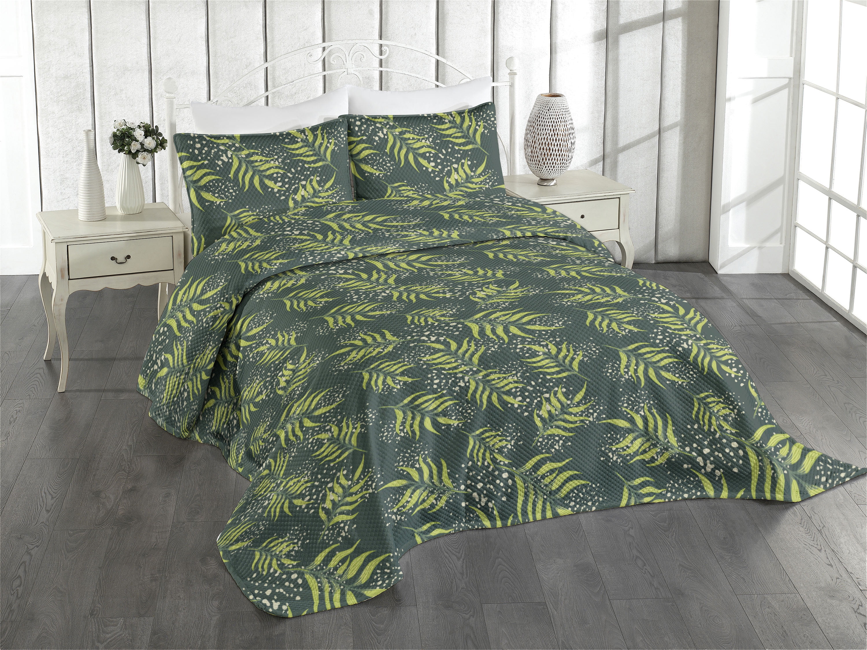 Ambesonne Fern Leaves Quilted Coverlet 3 Pcs, Leafy Jungle Pattern ...