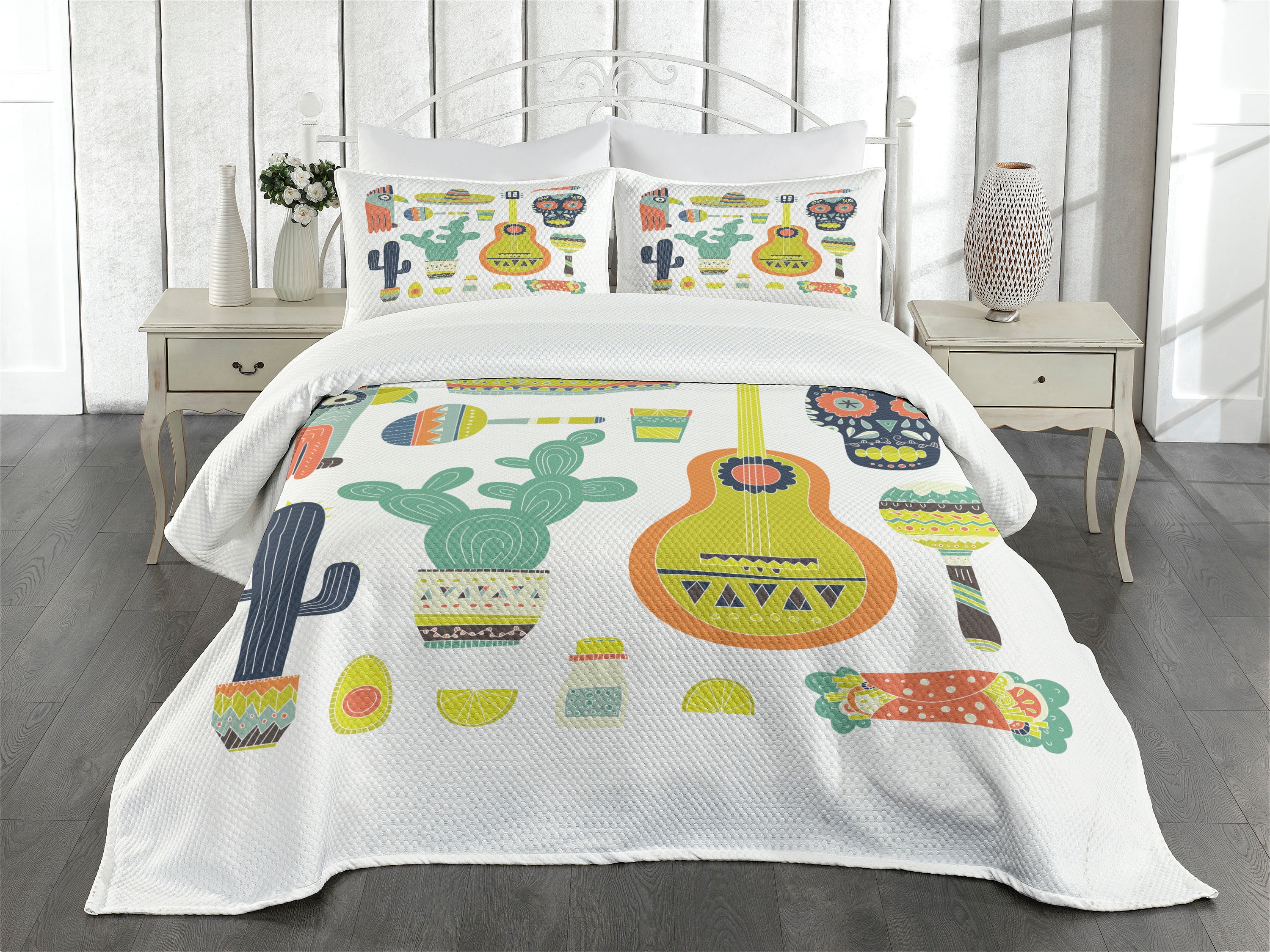 Ambesonne Fiesta Quilted Bedspread Set 3 Pcs, Mexican Motifs Taco, King ...