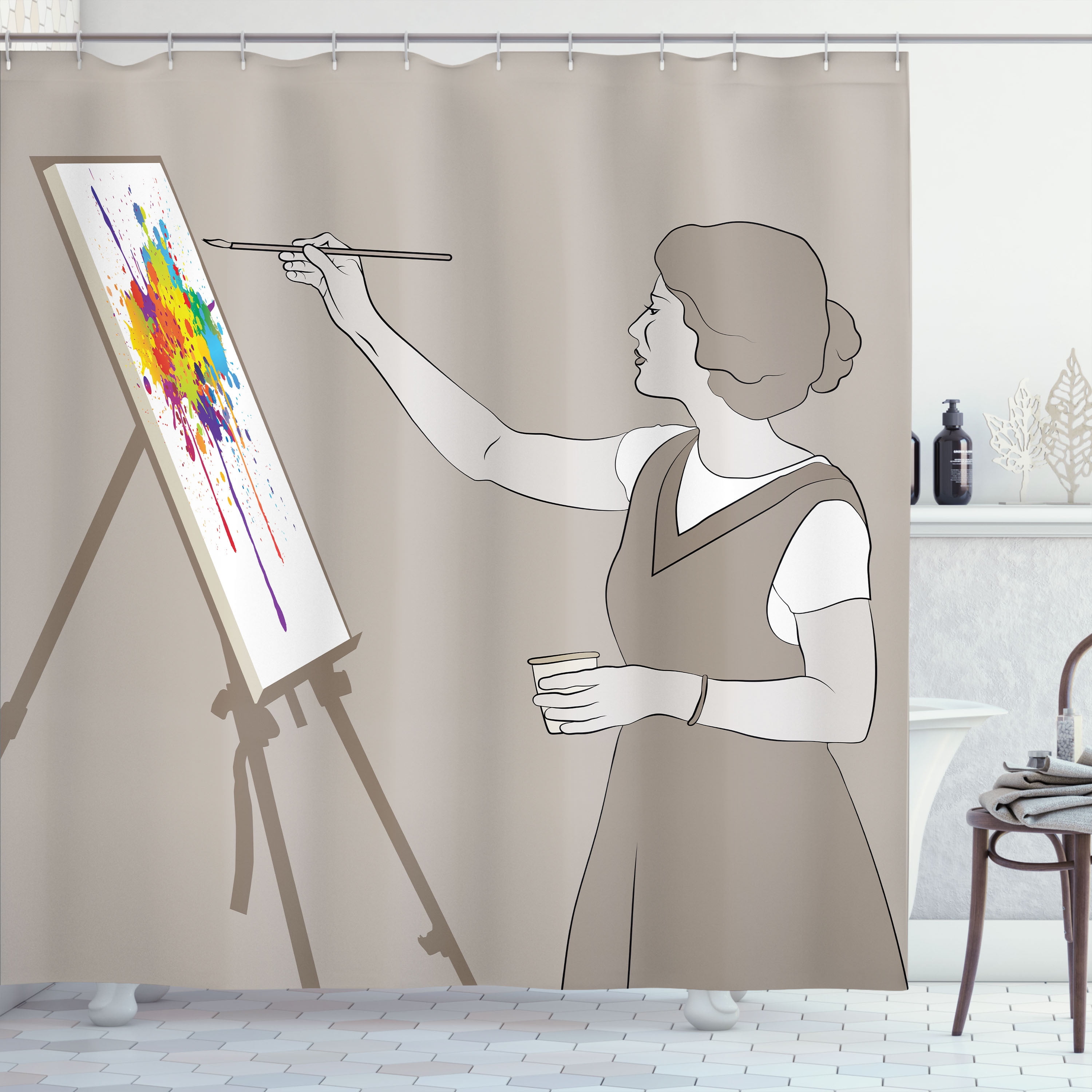 Ambesonne Fine Art Shower Curtain, Lady Painting onto Canvas, 69"Wx70"L ...