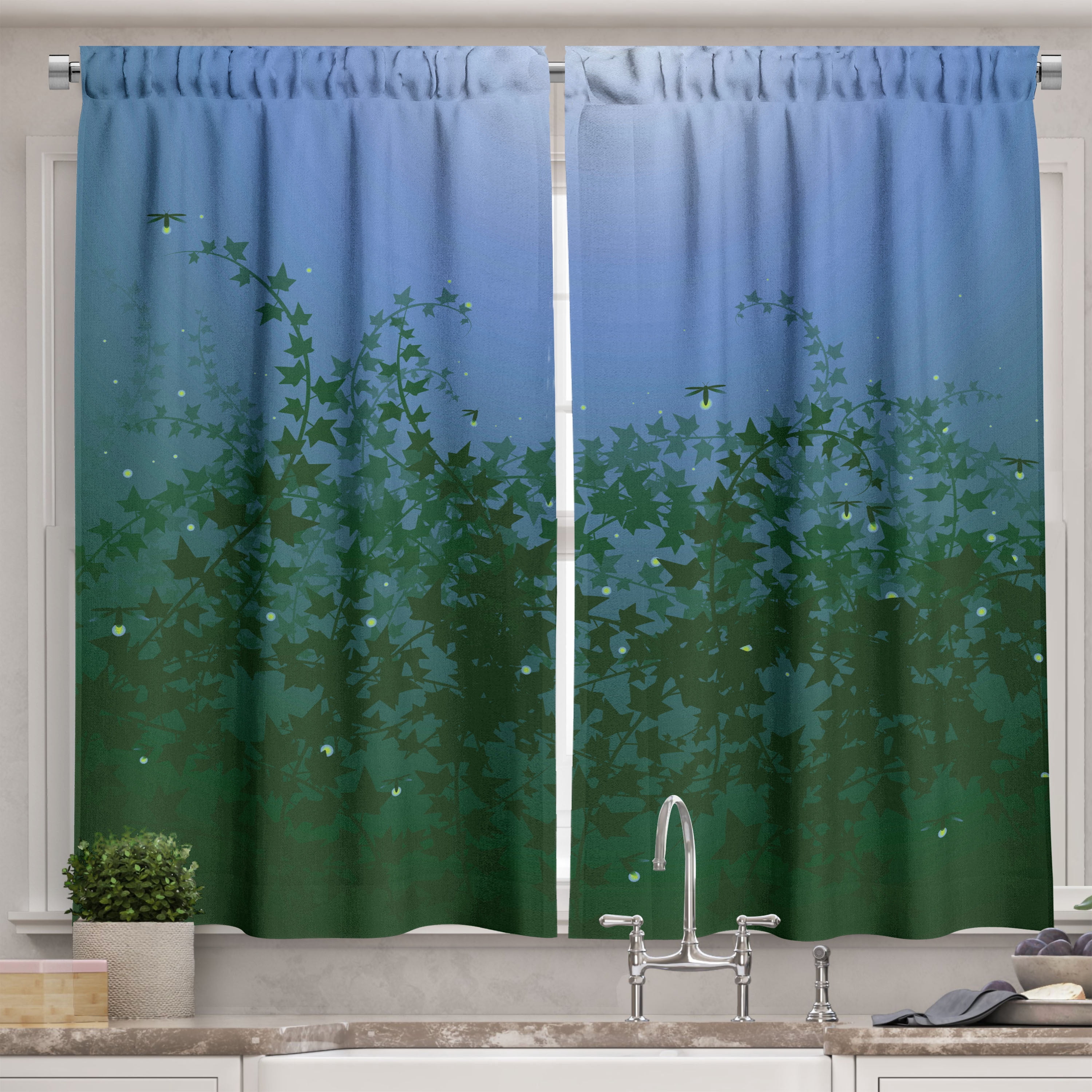 Ambesonne Firefly Kitchen Curtains, Nature Forest Spring Image, 55"x39 ...