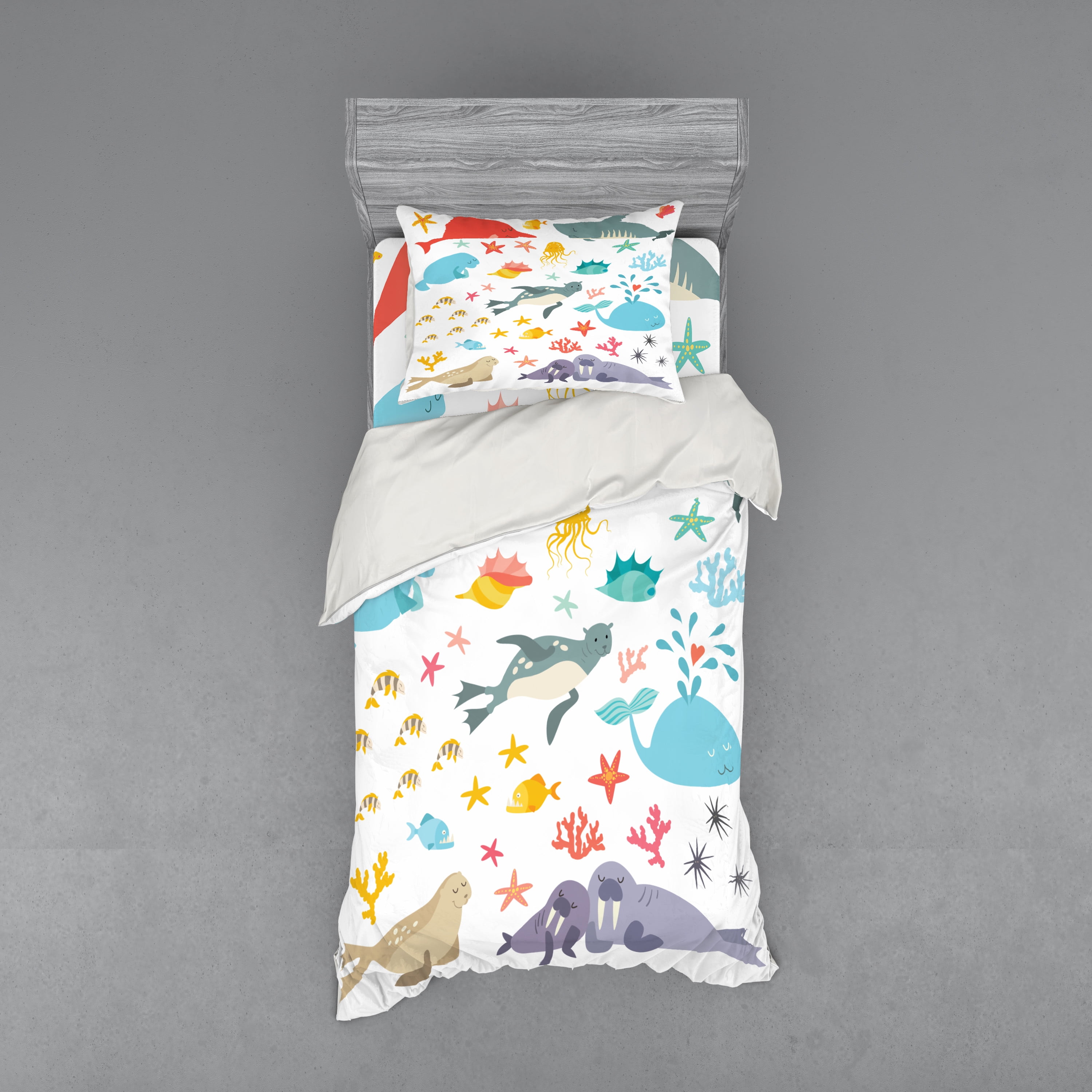 Ambesonne Fish Bedding Set 3 Pcs, Colorful Ocean Animals, Twin XL ...