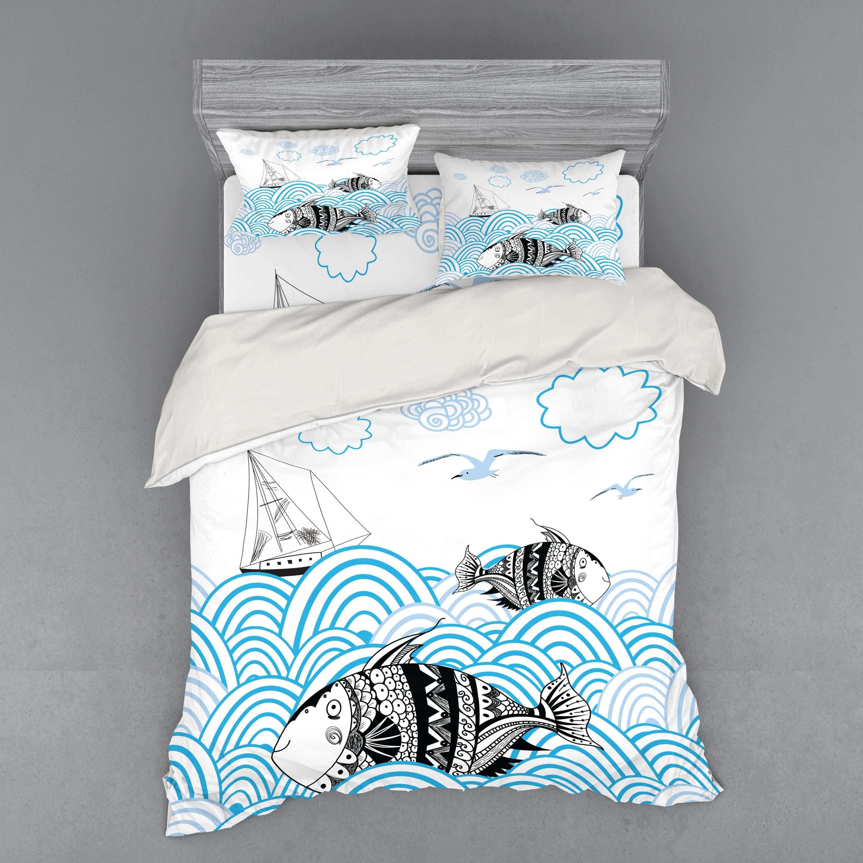 Ambesonne Fish Bedding Set 4 Pcs, Sketch Boat and Animals, Queen, Blue ...