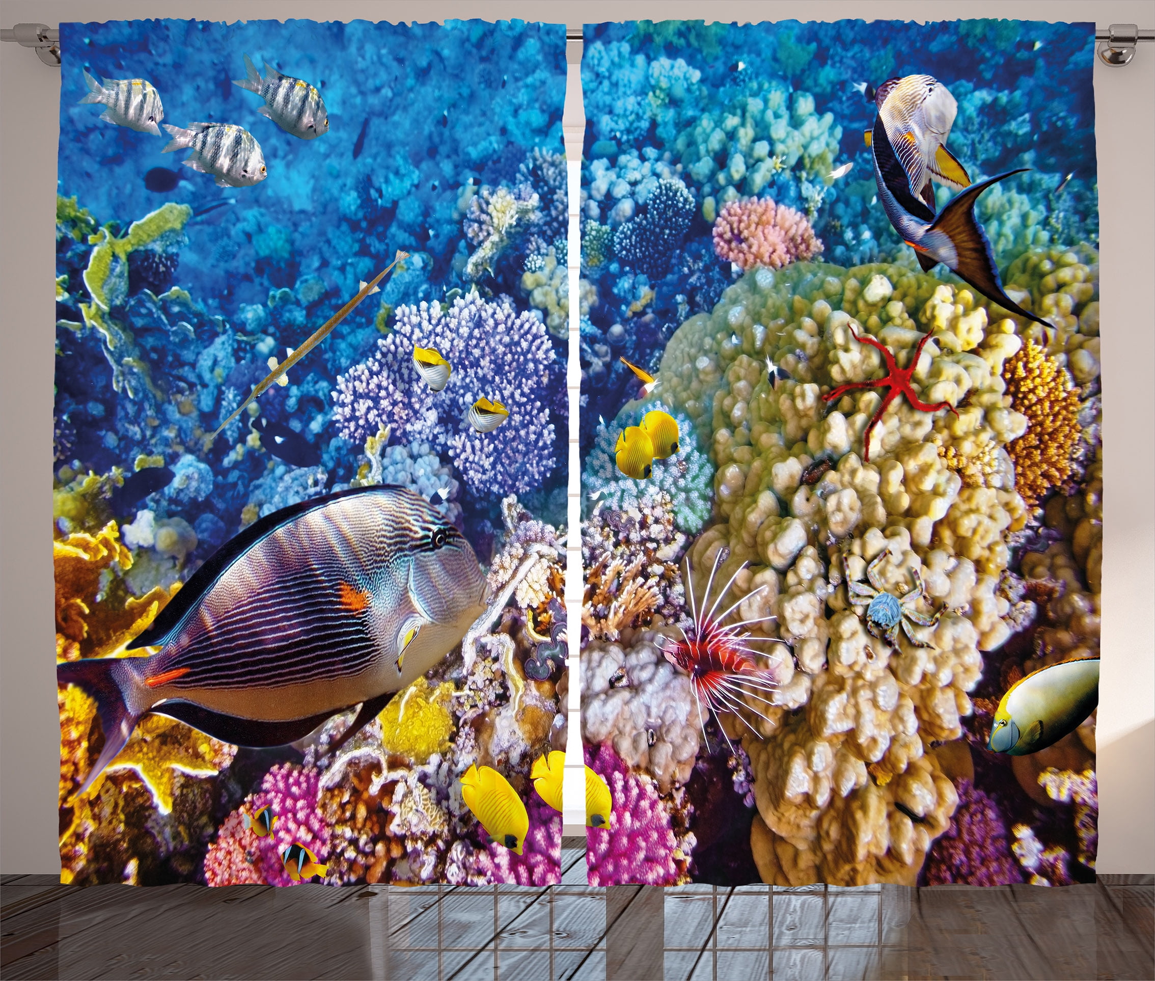 Ambesonne Fish Curtains 2 Panel Set, Ocean Beauties, 108" x 90 ...