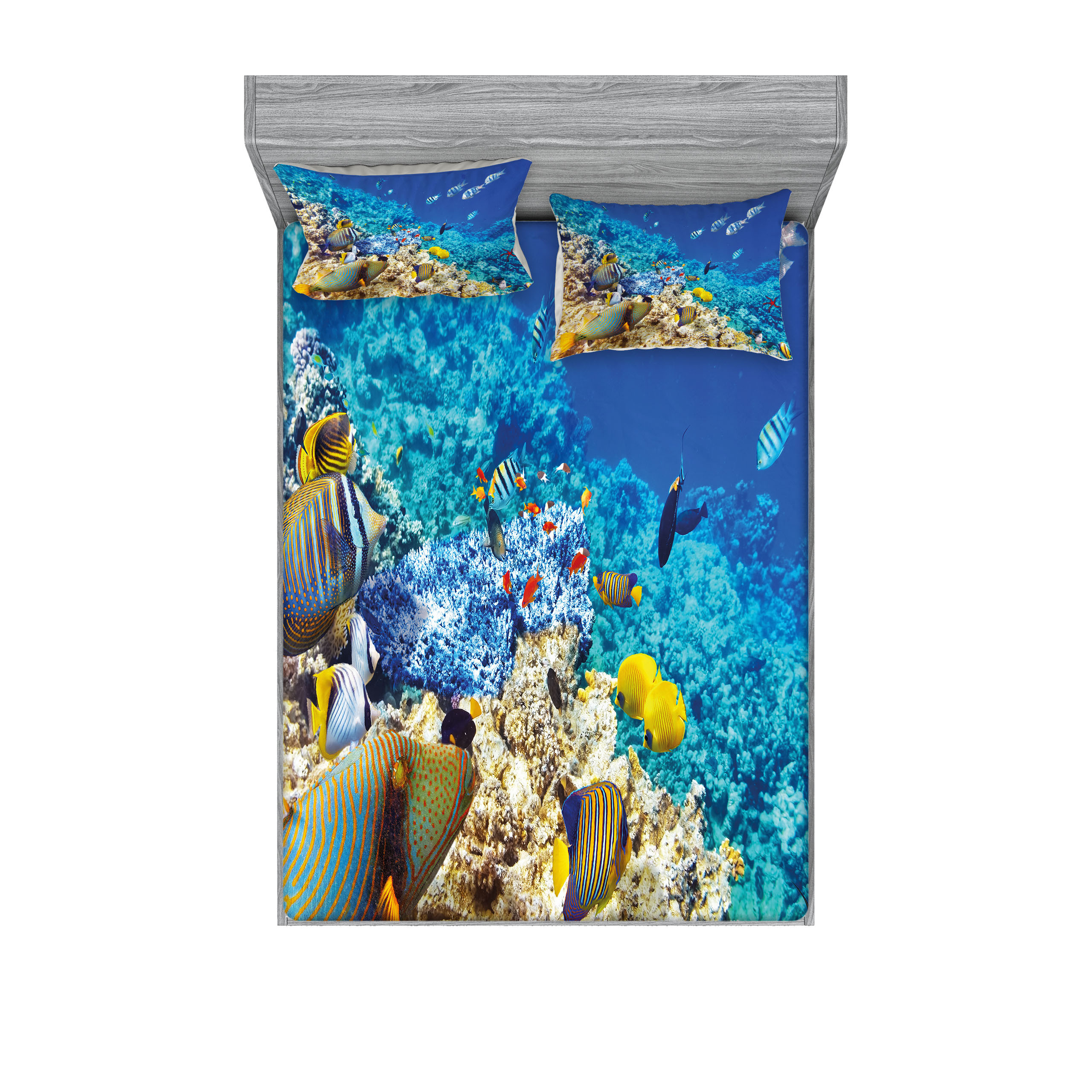 Ambesonne Fish Fitted Sheet & Pillow Sham Set, Aquatic Corals, Full ...