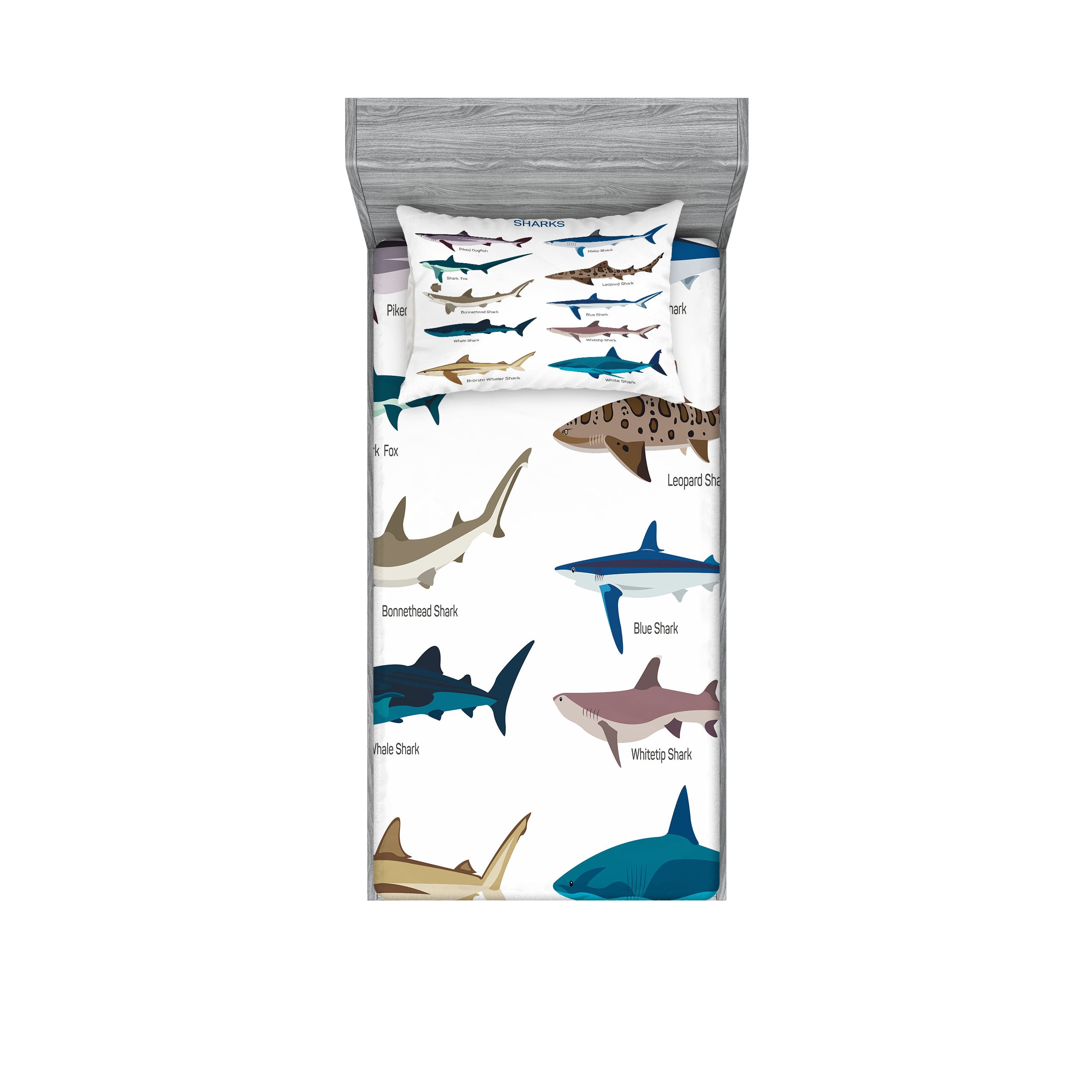 Ambesonne Fish Fitted Sheet & Pillow Sham Set, Cartoon Shark Types Wild ...